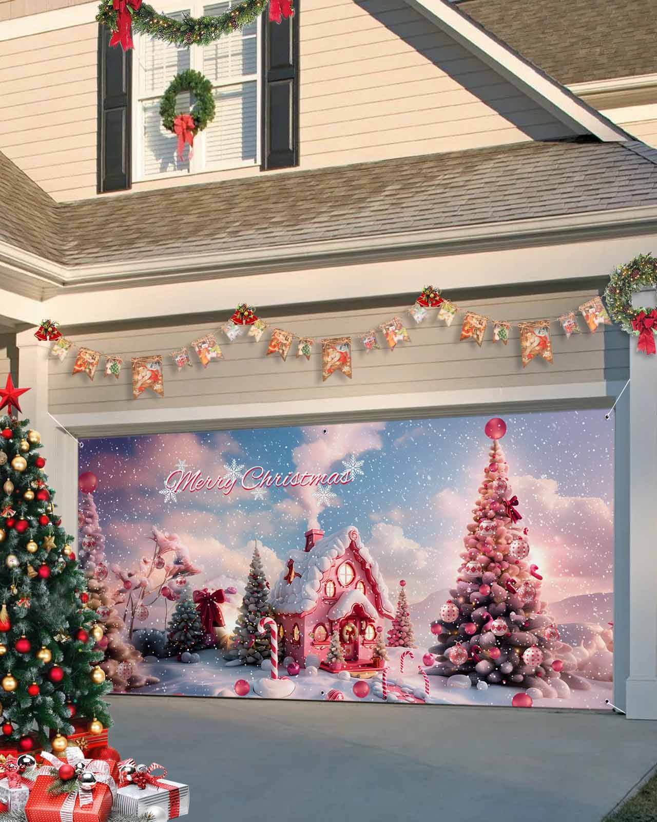 Garage Door Banner Cover 7 x 16 ft, Merry Christmas Pink House Candy ...