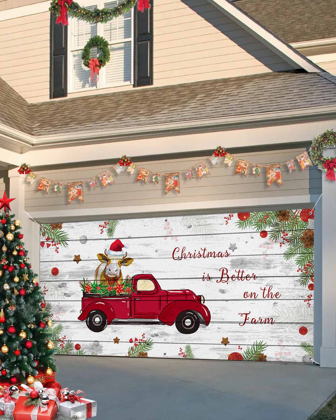 Garage Door Banner Cover 7 x 8 ft, Christmas is Better on the Farm Cow ...
