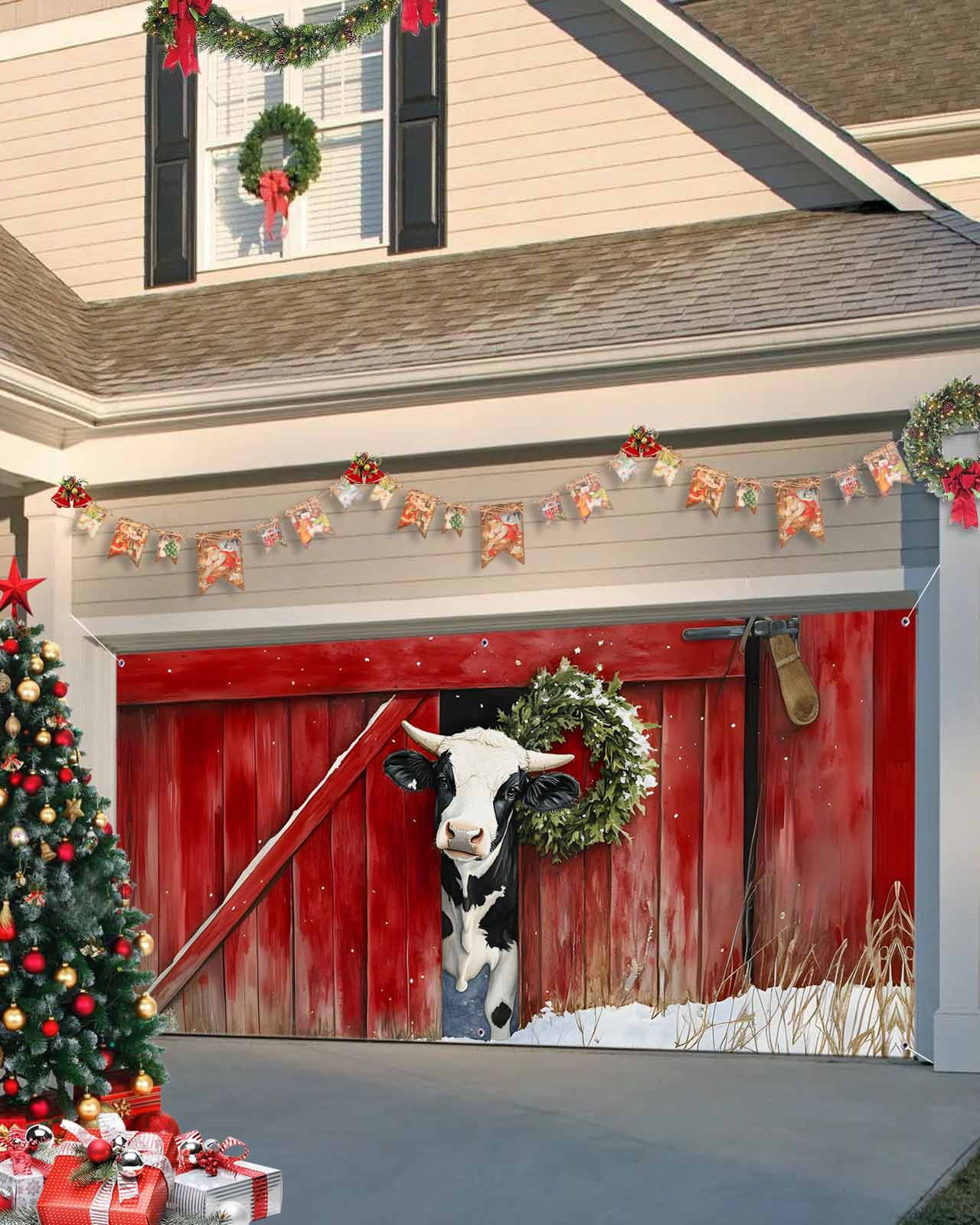 Garage Door Banner Cover 7 x 8 ft, Christmas Farmhouse Wreath Cow Red ...