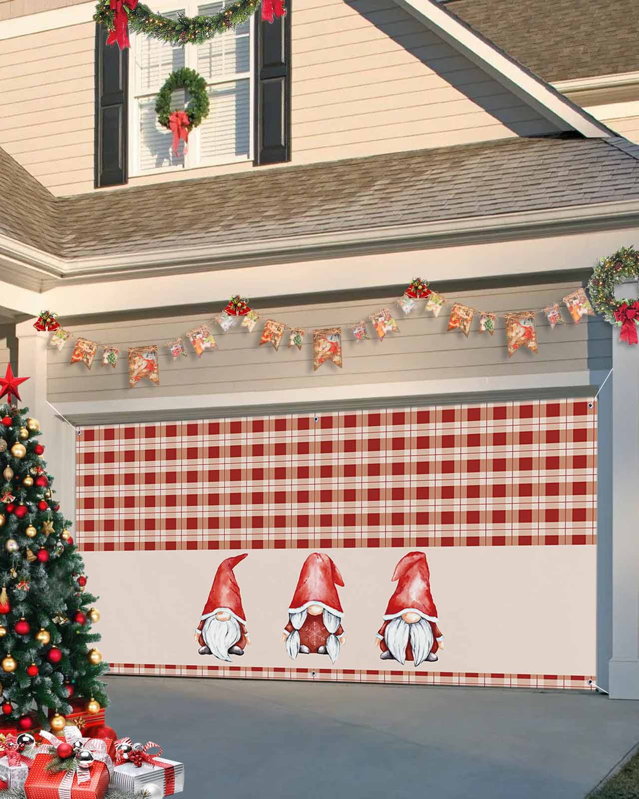 Garage Door Banner Cover 7 x 8 ft, Christmas Gnome Red Plaid Background ...
