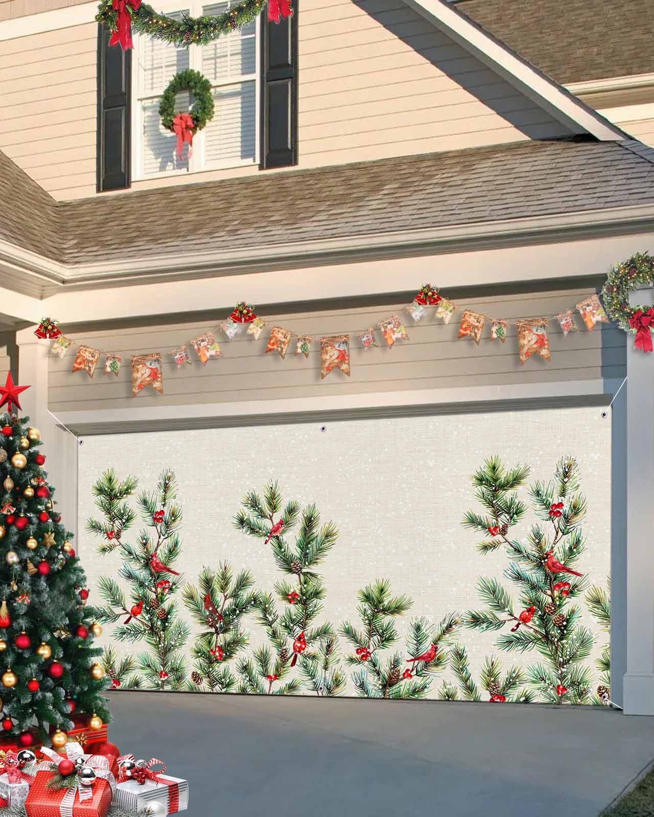 Garage Door Banner Cover 7 x 8 ft, Christmas Red Berries Birds Pine ...