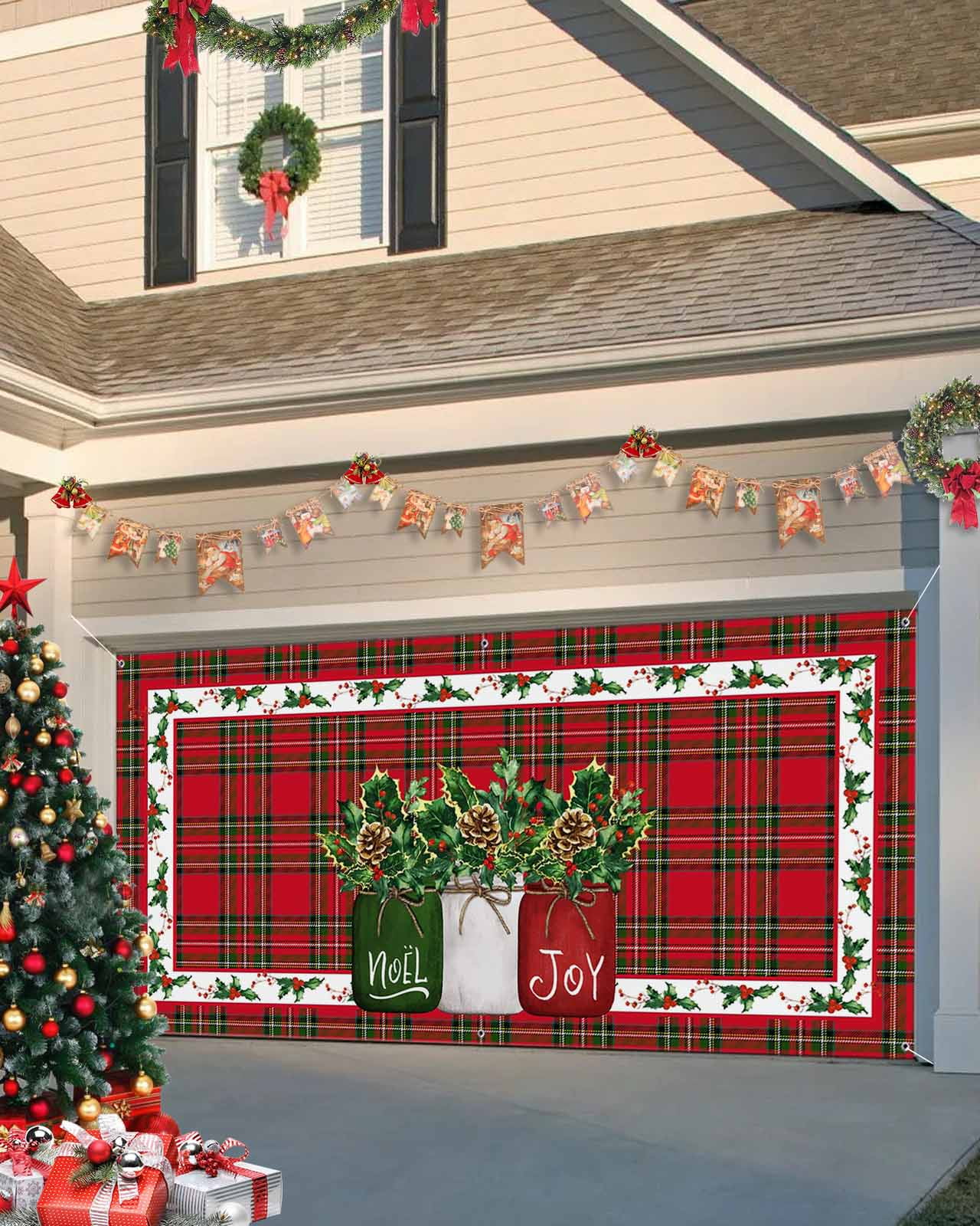 Garage Door Banner Cover 7 x 8 ft, Christmas Vase with Holly Tree Berry ...