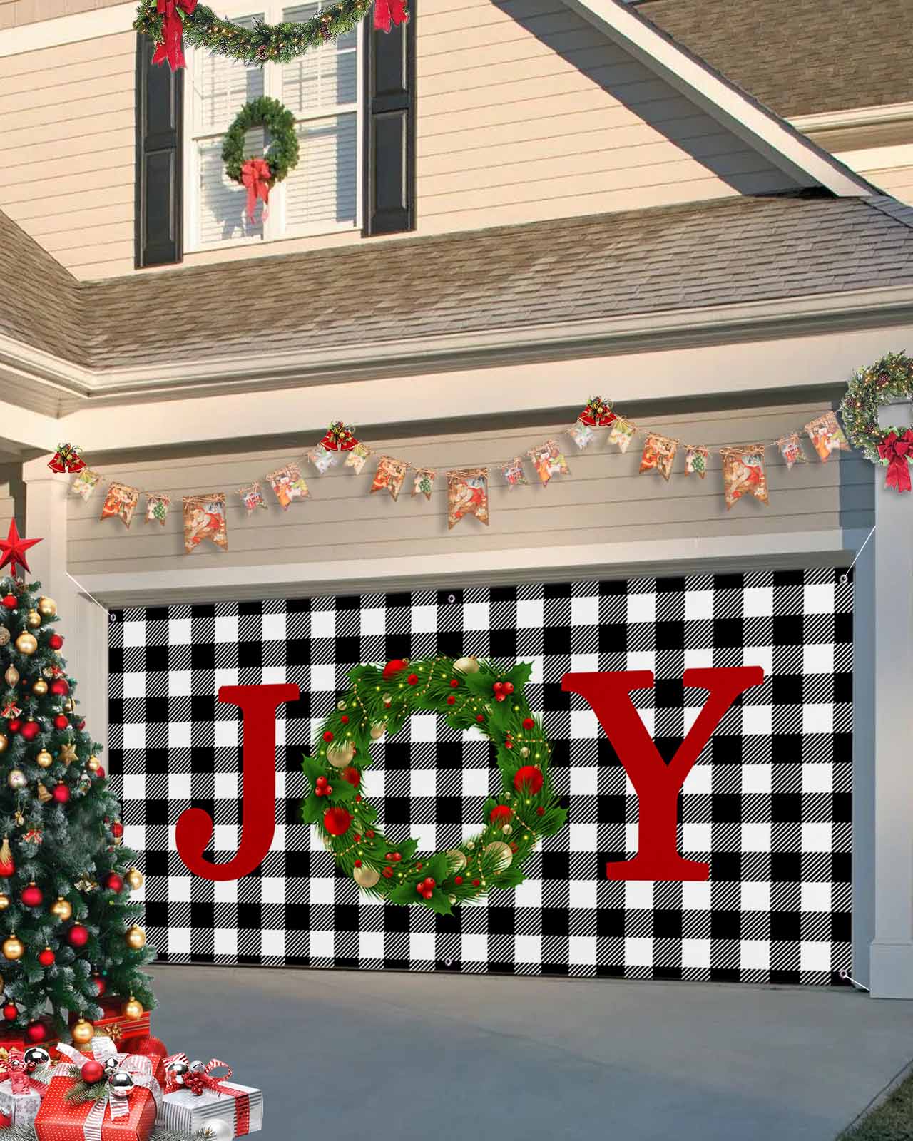 Garage Door Banner Cover 7 x 8 ft, Christmas Wreath JOY Black Buffalo ...