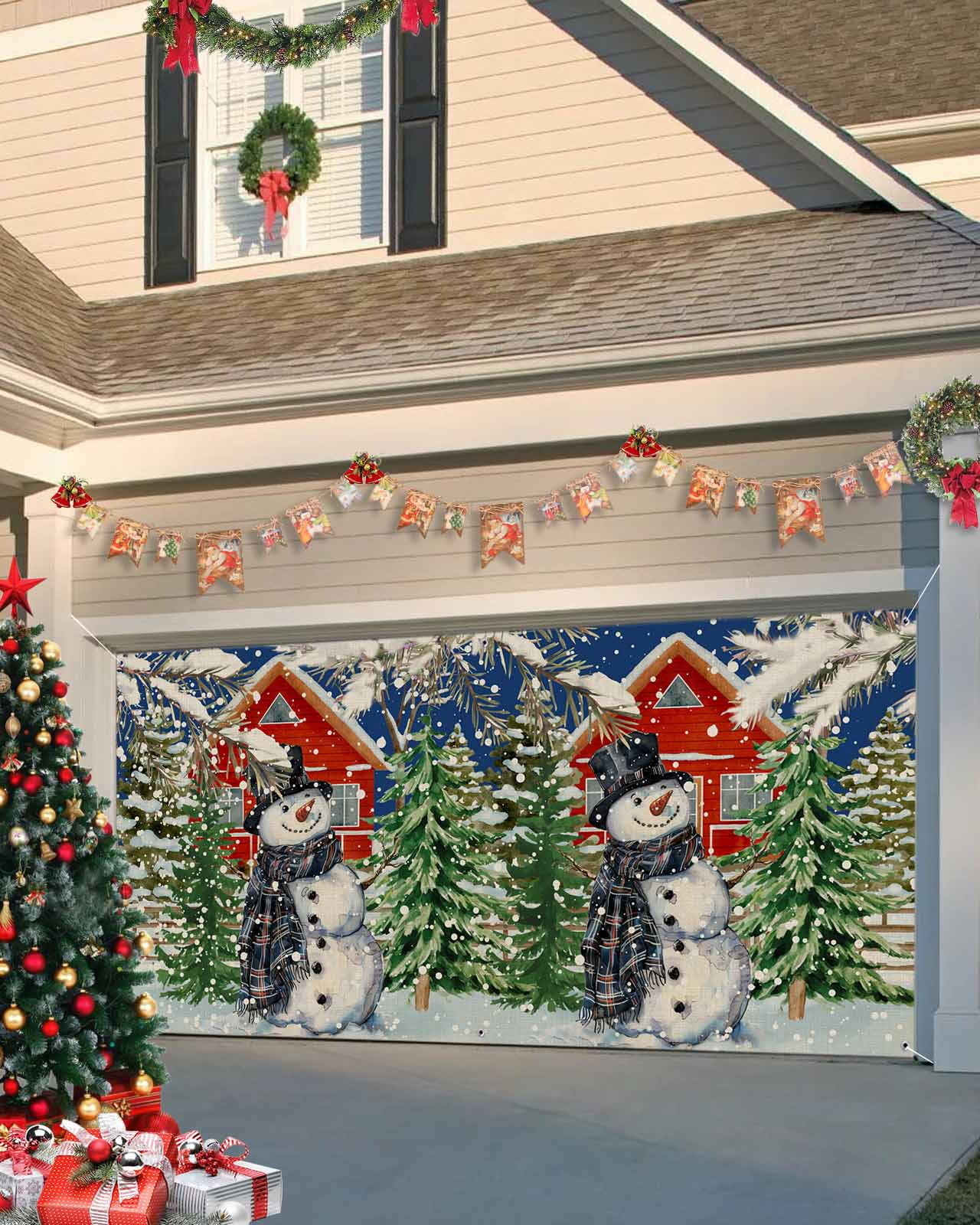 Garage Door Banner Cover 7 x 8 ft, Christmas Xmas Tree Red Barn Snowman ...