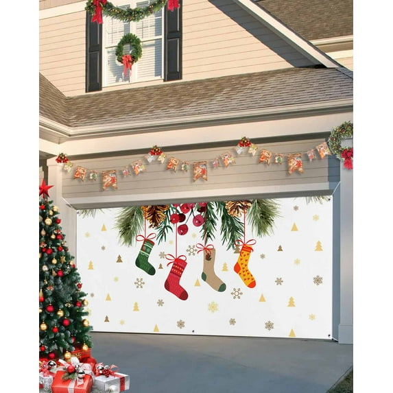 Garage Door Banner Cover 7 x 8 ft, Merry Christmas Pine Tree Leaves ...