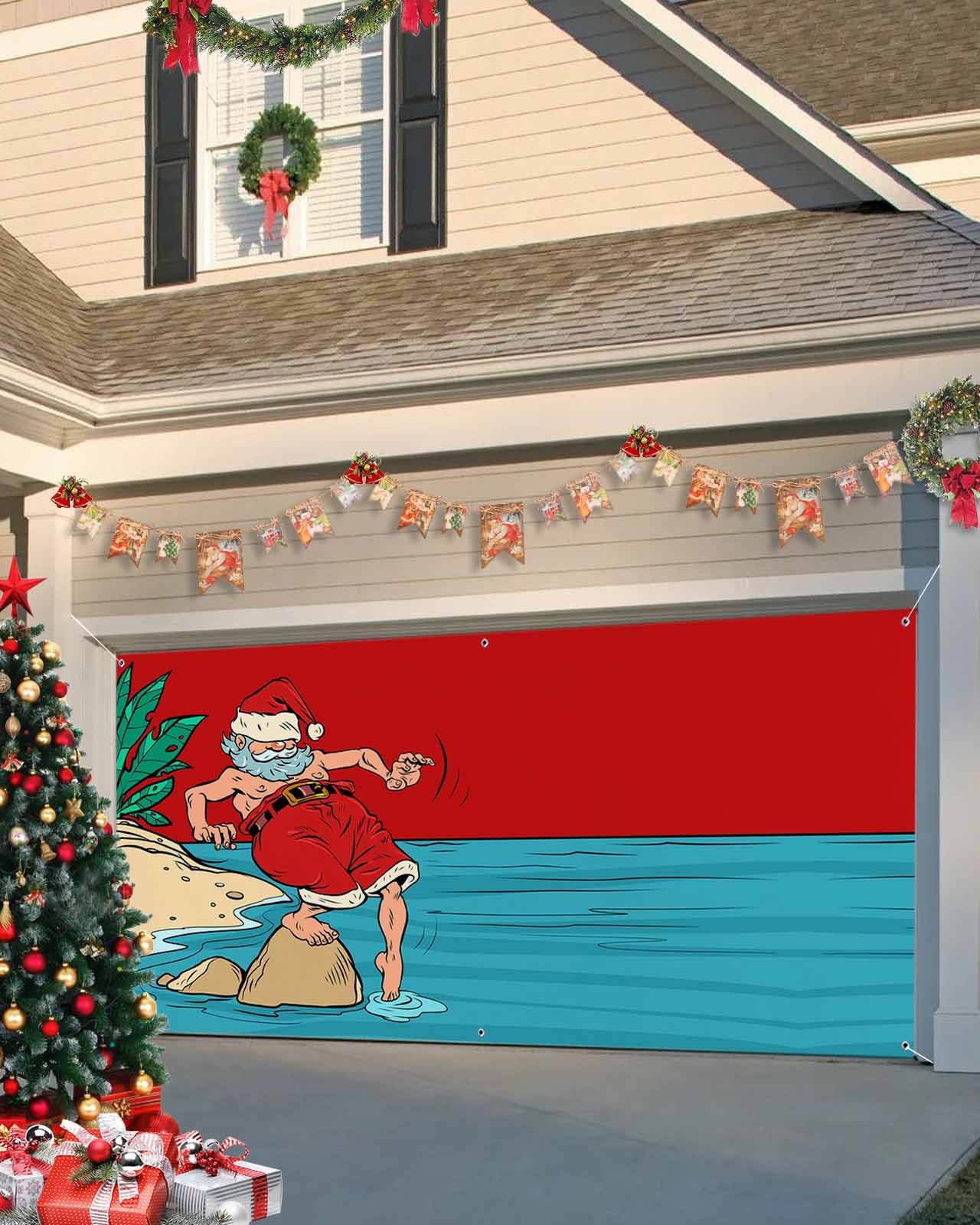 Garage Door Banner Cover 7 x 8 ft, Summer Christmas Santa Claus ...
