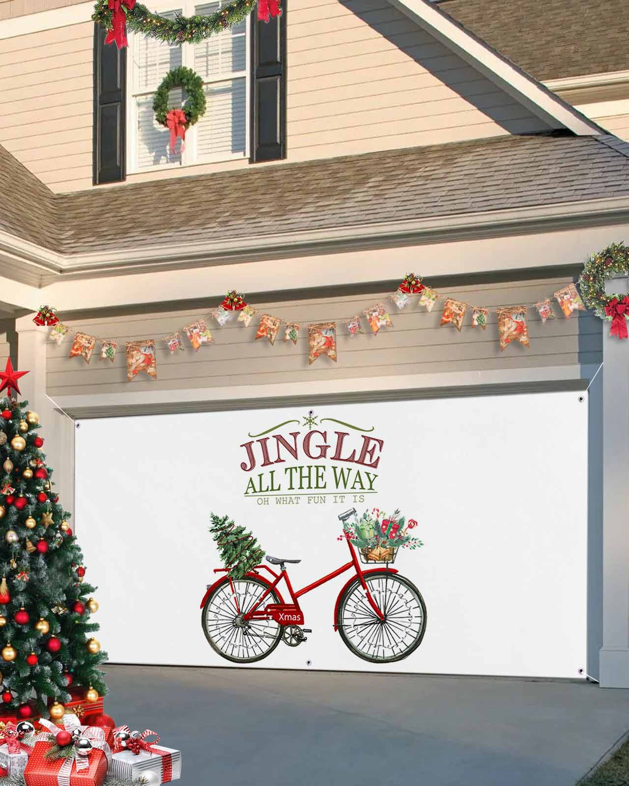 Garage Door Banner Cover 7 x 8 ft, Xmas Bike Carrying Gift and Christmas Tree Christmas Garage ...