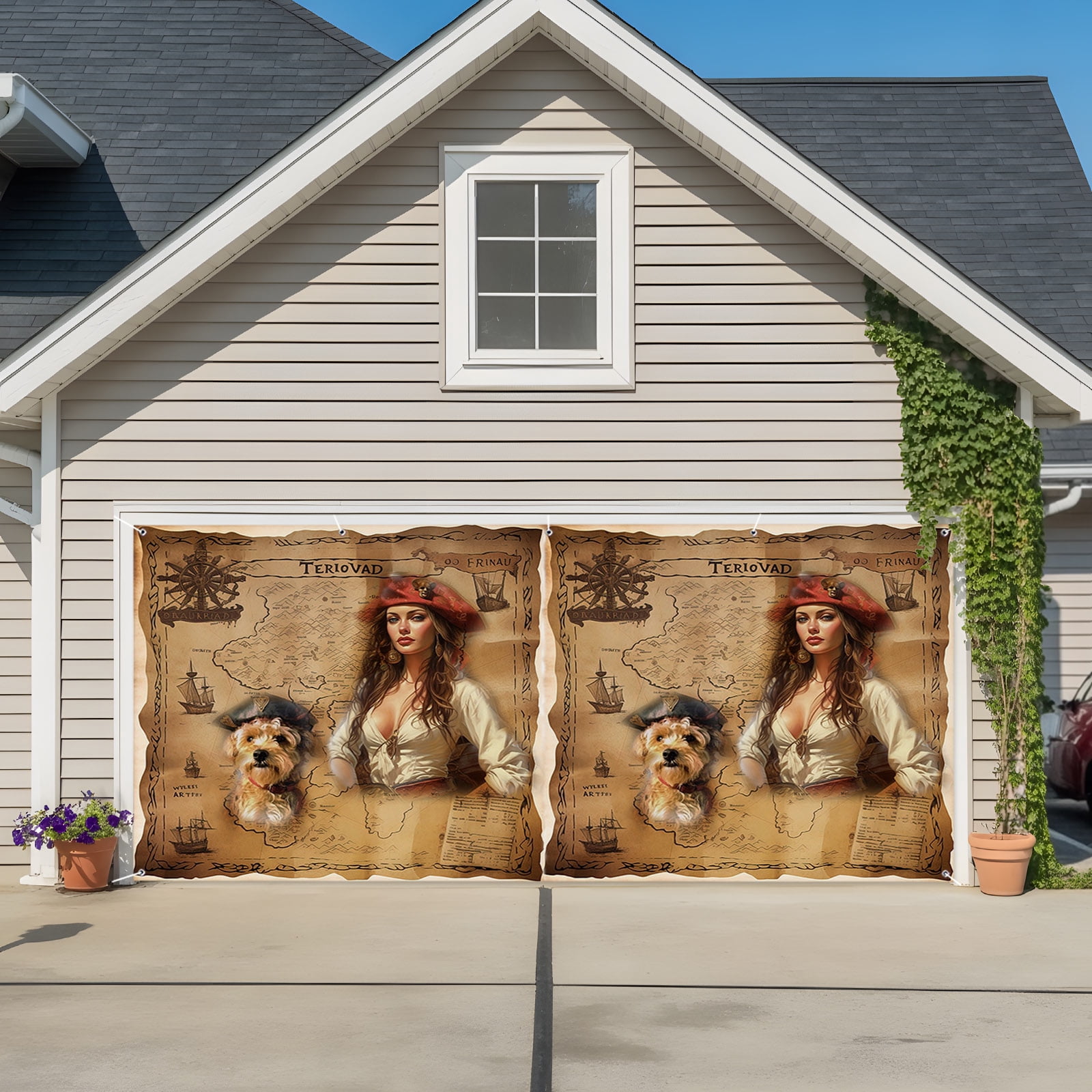 Garage Door Banner Western Pirates Girl Dog Garage Door Banner Cover ...