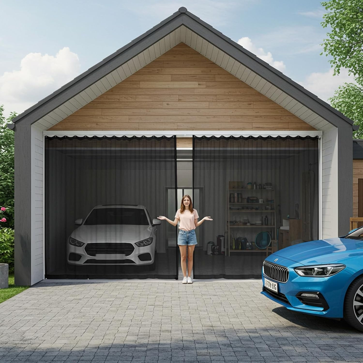 Garage Door Screen 2 Car with Track 16 ft x 7 ft Retractable Screen ...