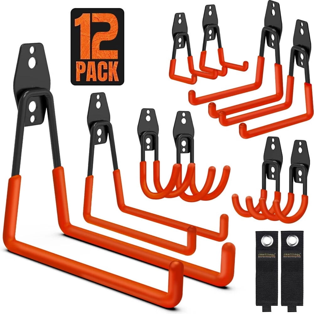Garage Hooks,12 Pack Wall Storage Hanger with 2 Extension Cord Straps ...