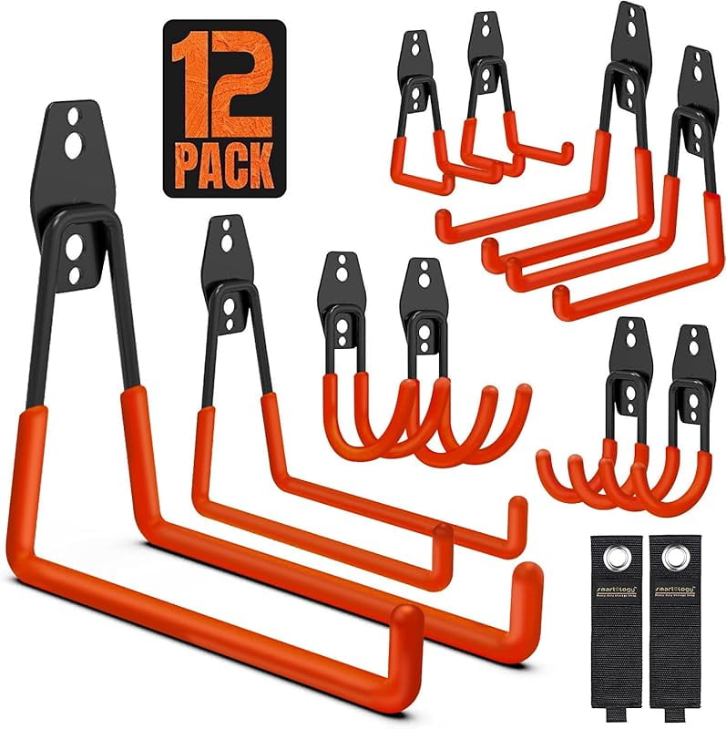 Garage Hooks, 12 Pack Wall Storage Hanger with 2 Extension Cord Straps ...