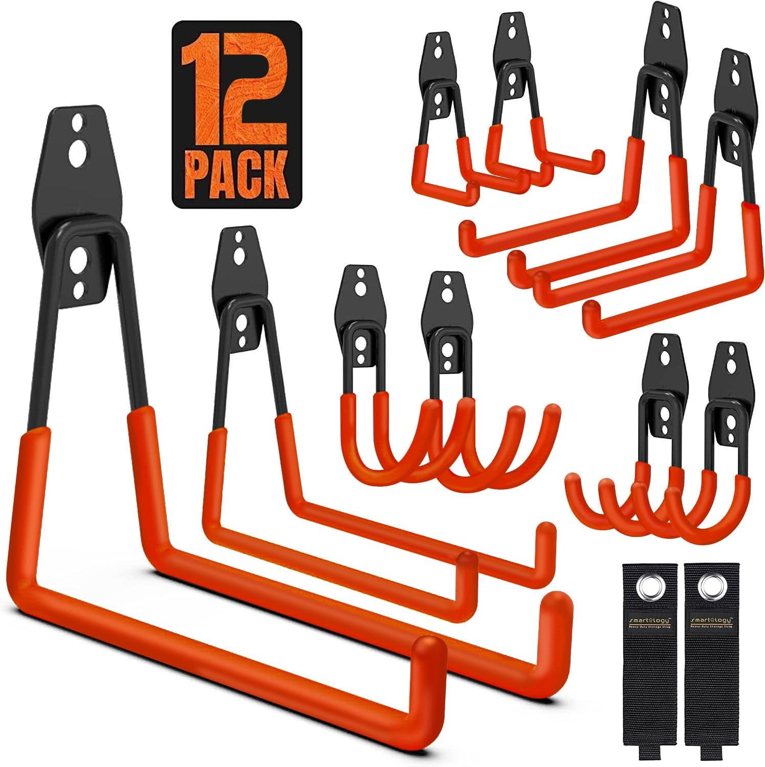 Garage Hooks, 12 Pack Wall Storage Hanger with 2 Extension Cord Straps ...