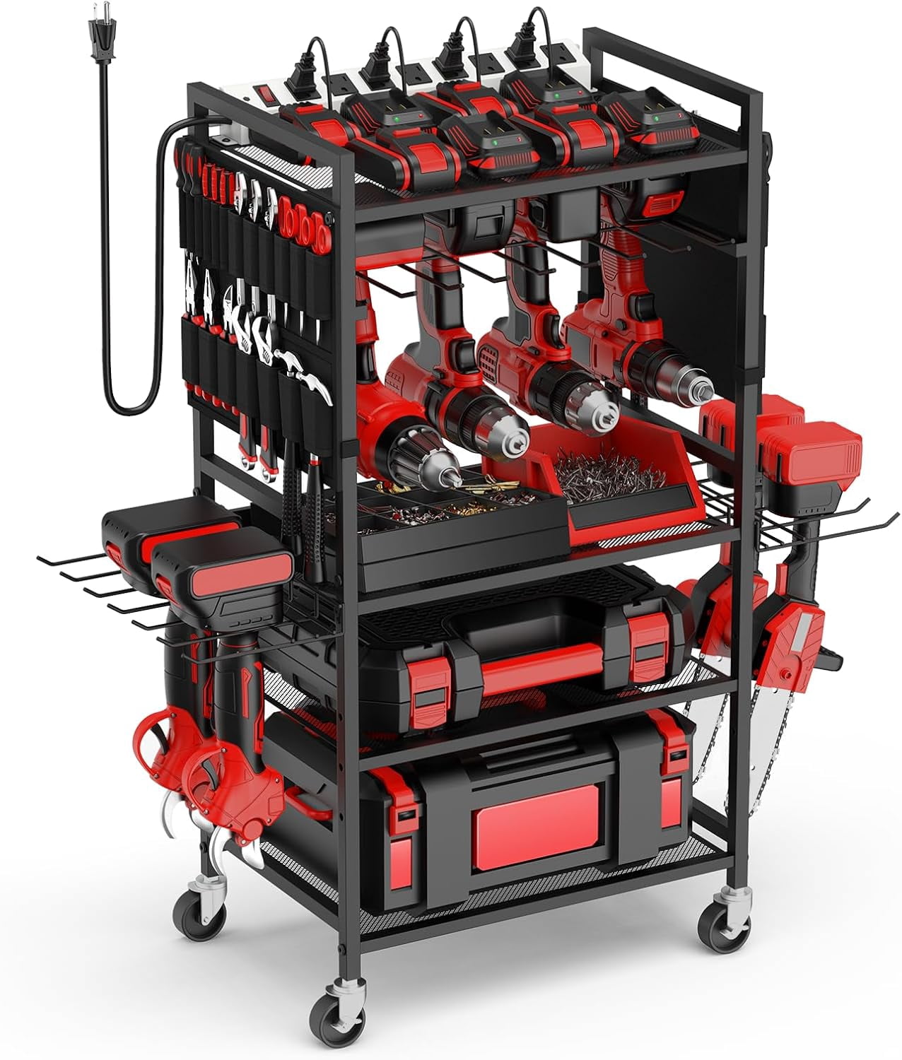 Garage Large Power Tool Organizer Cart with 20A Charing Station, Heavy ...
