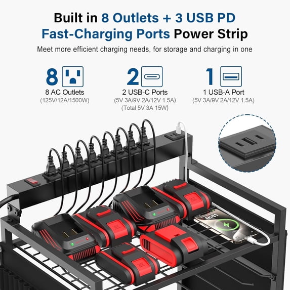 Garage Large Power Tool Organizer Cart with 8 Outlet 3 USB Charging ...