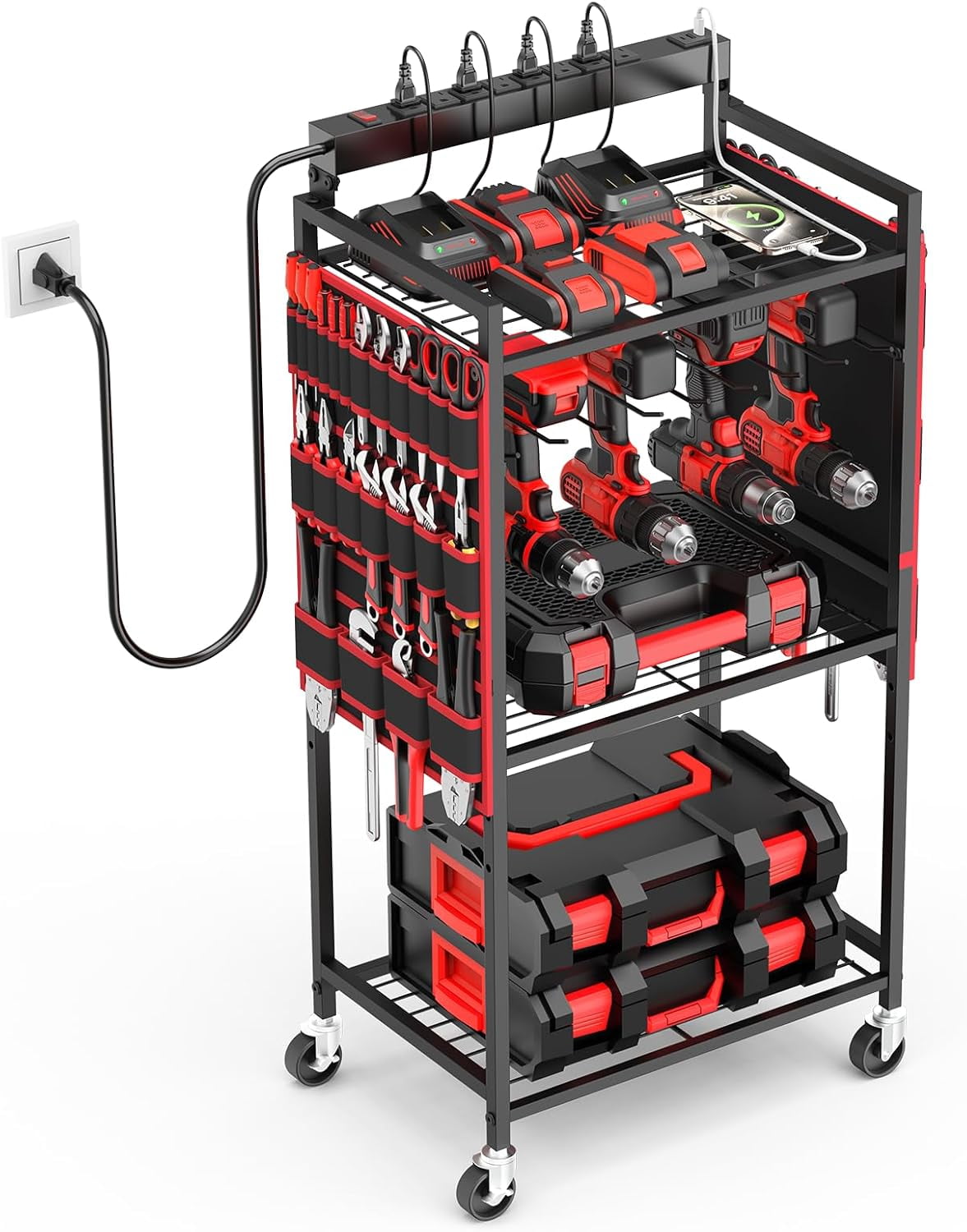 Garage Large Power Tool Organizer Cart with 8 Outlet 3 USB Charging ...