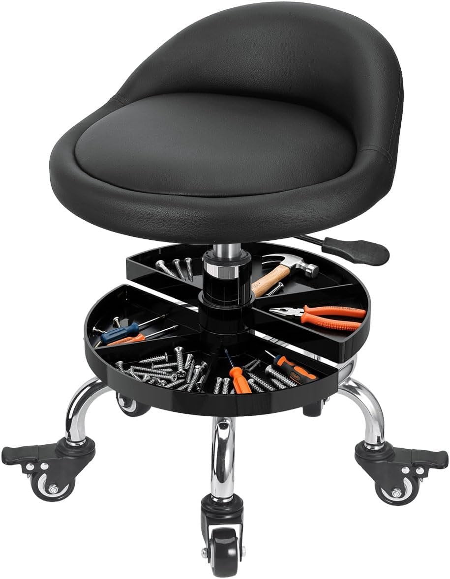 Garage Mechanic Stool with Storage Tray,Low Height Rolling Shop Stools ...