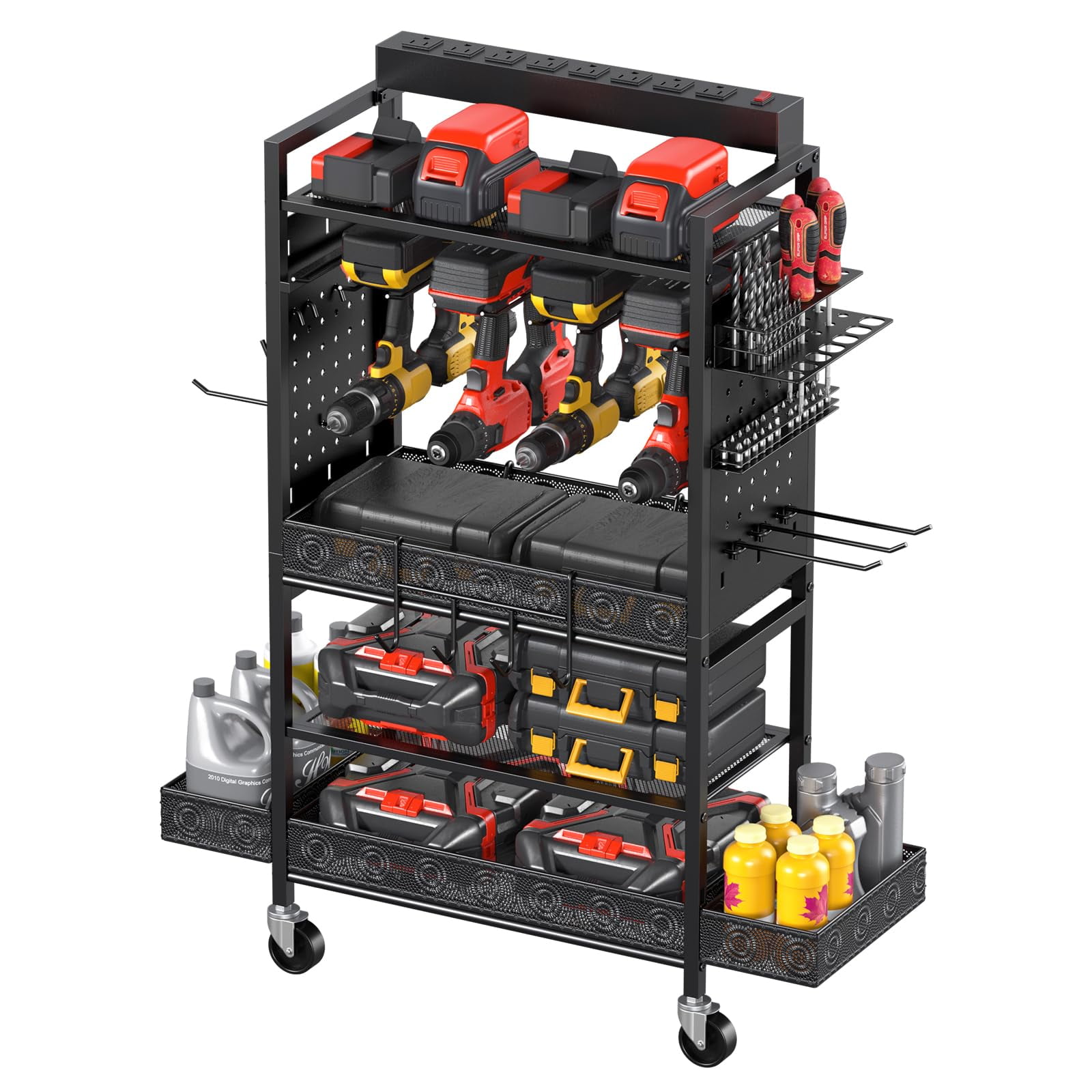 Garage Power Tools Organizer Cart with Charging Station, Black Floor ...