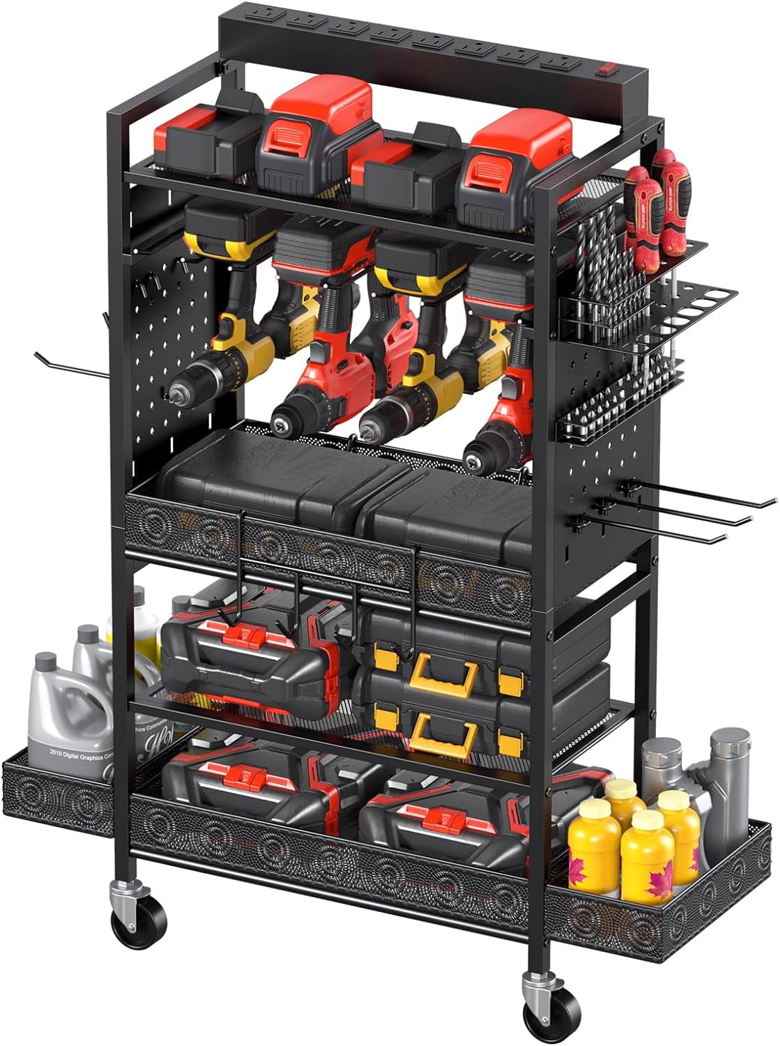 Garage Power Tools Organizer Cart with Charging Station, Black Floor ...