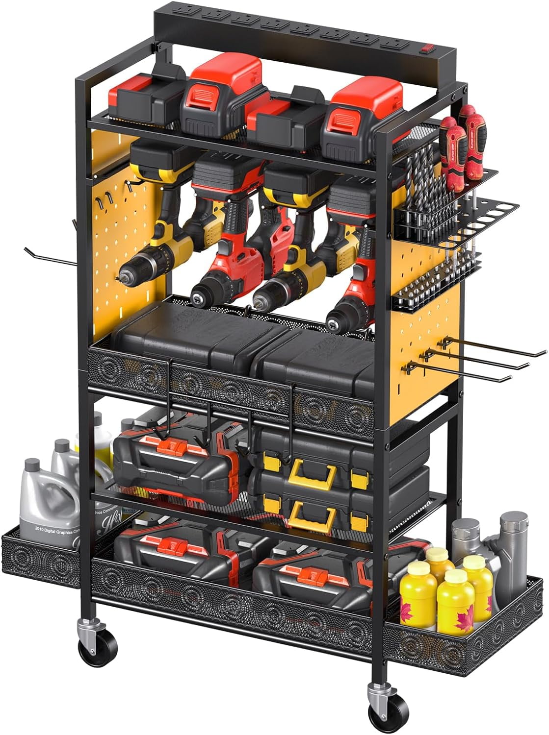 Garage Power Tools Organizer Cart with Charging Station, Black Floor ...