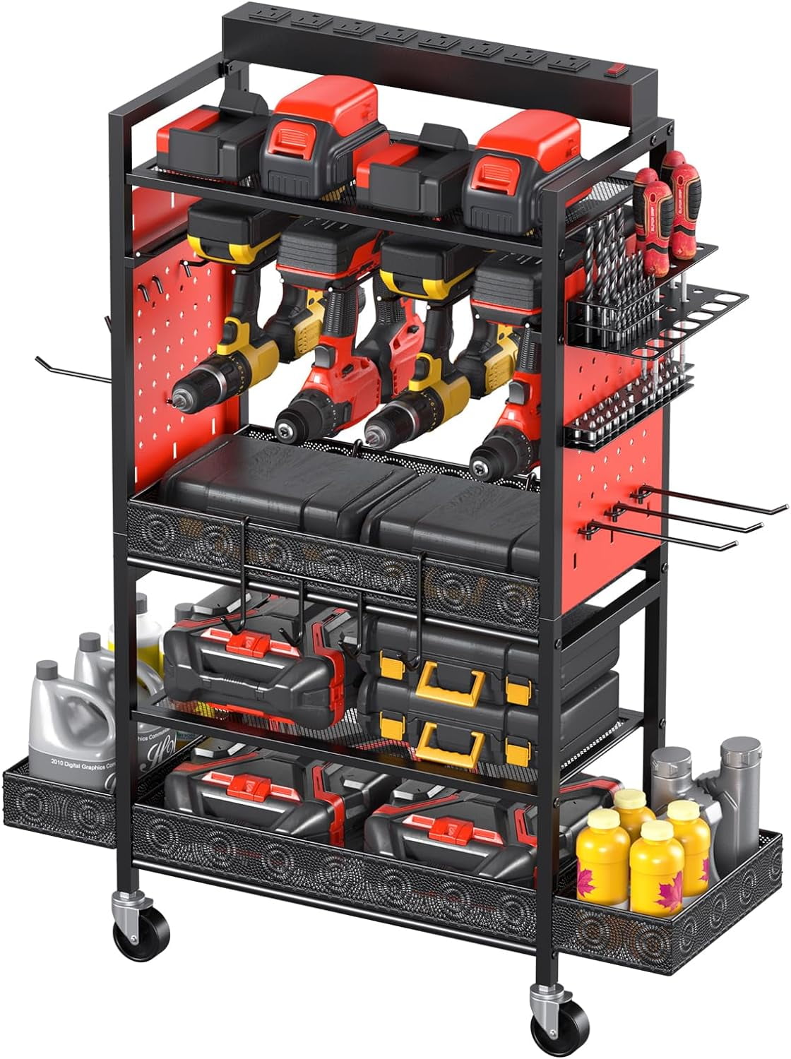 Garage Power Tools Organizer Cart with Charging Station, Red Floor ...