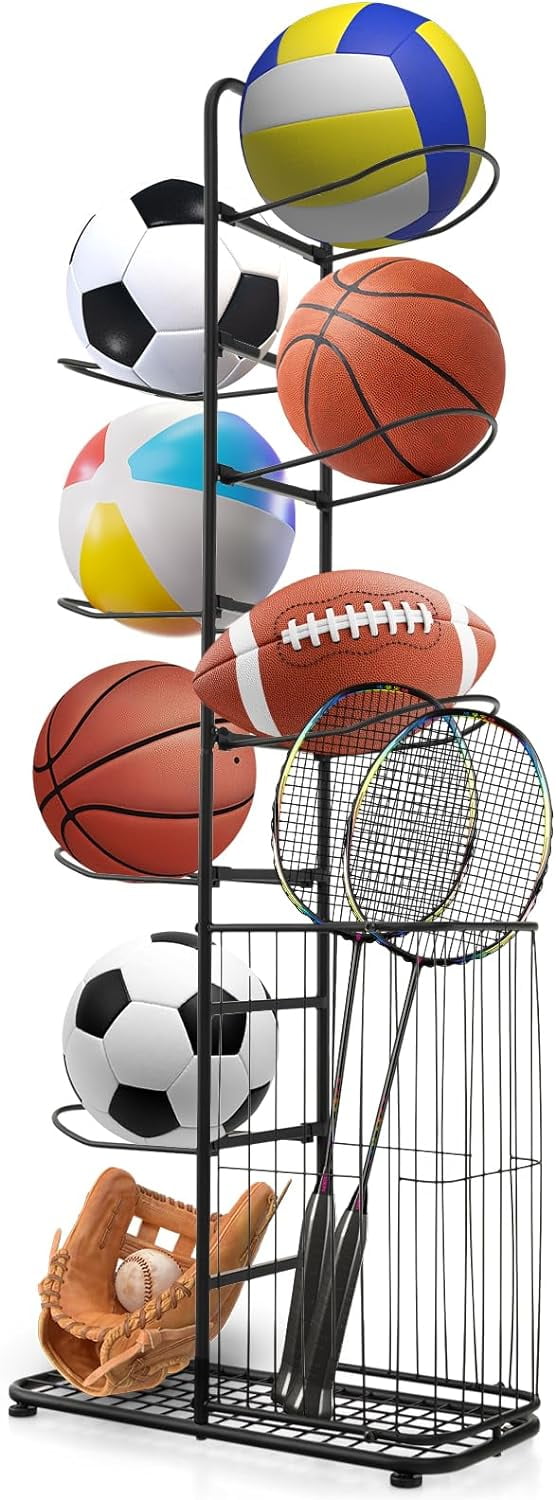 Garage Sports Equipment Organizer, 7 Ball Storage Rack with Basket, 7 ...