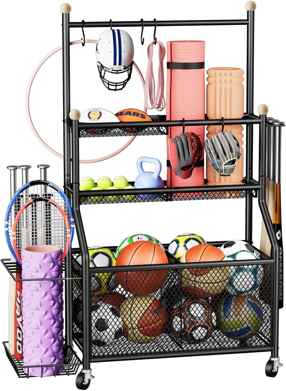 Garage Sports Equipment Organizer, Garage Ball Storage Rack with Basket ...