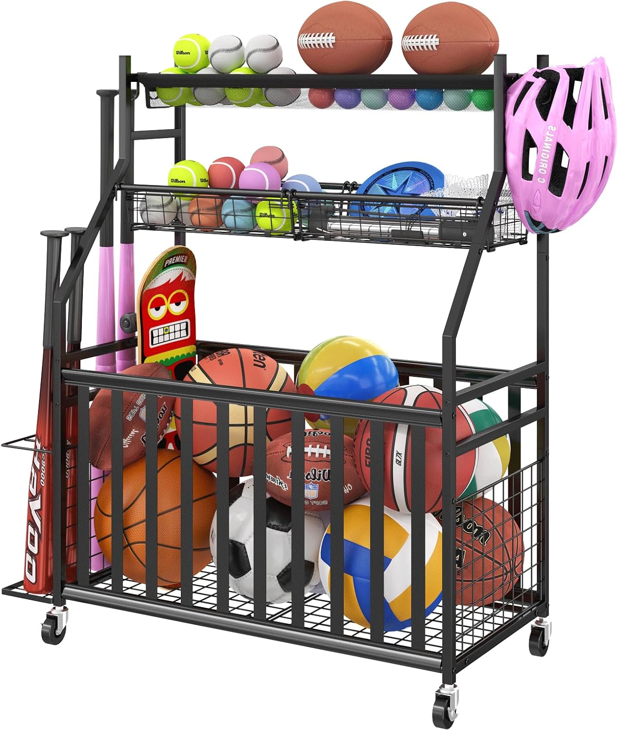 Garage Sports Equipment Organizer,Sports Ball Organizer with Wheels ...