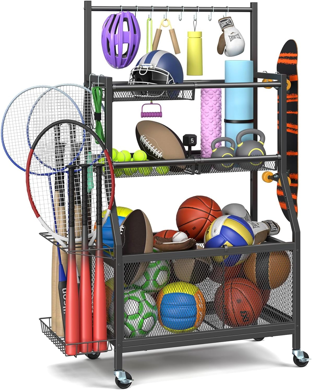 Garage Sports Equipment Organizer with Wheels, Upgraded Thicker & Higher Garage Ball Storage ...
