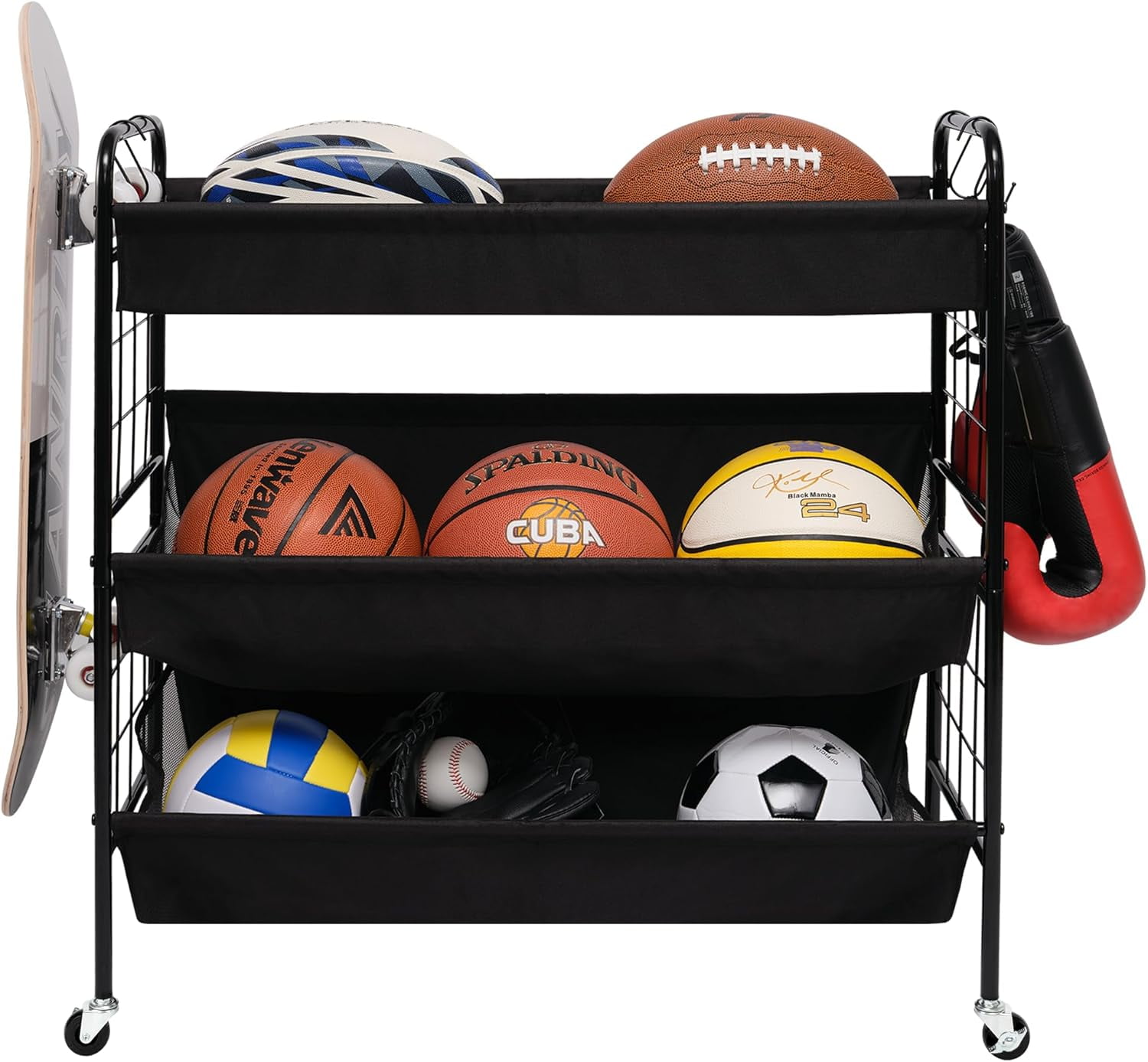 Garage Sports Equipment Organizer with Hooks, Ball Rack Organizer with ...