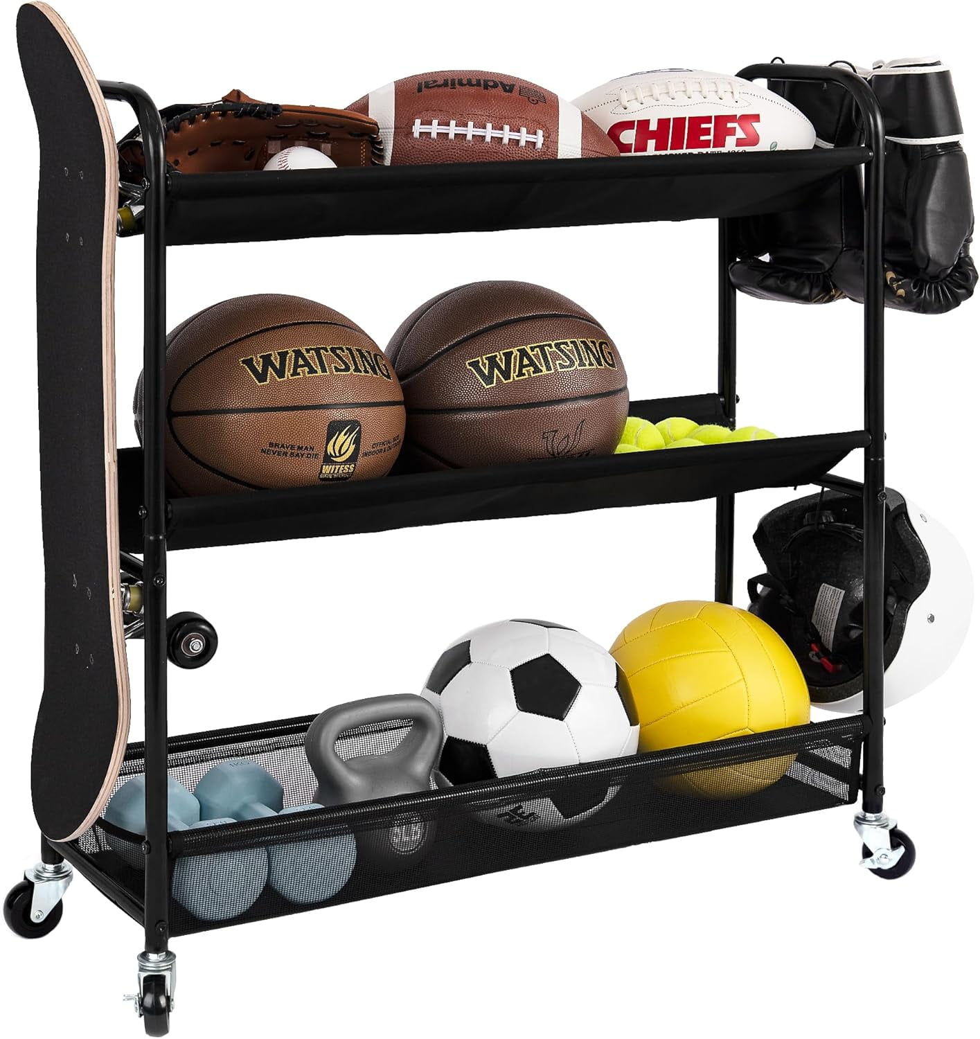 Garage Sports Equipment Organizer with Hooks, Ball Rack Organizer with ...