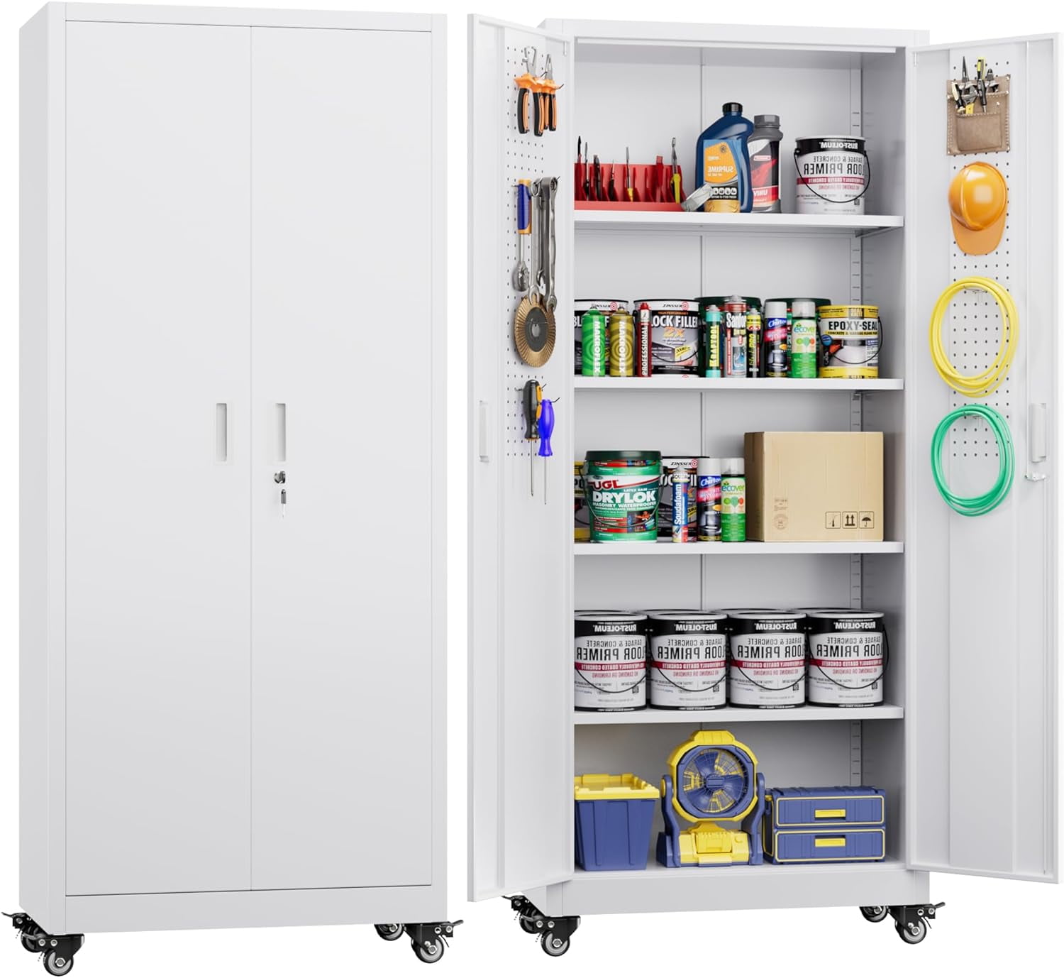 Garage Storage Cabinet with with Pegboard and Wheels,73" Metal Lockable ...