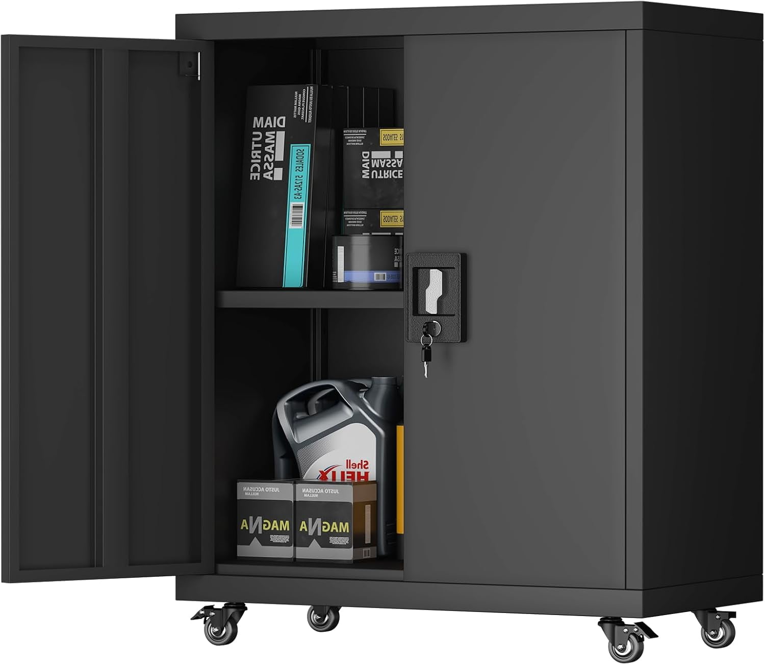 Garage Storage Cabinet with Wheels, 31.5”H Lockable Tool Cabinets, Metal Storage Cabinets with ...