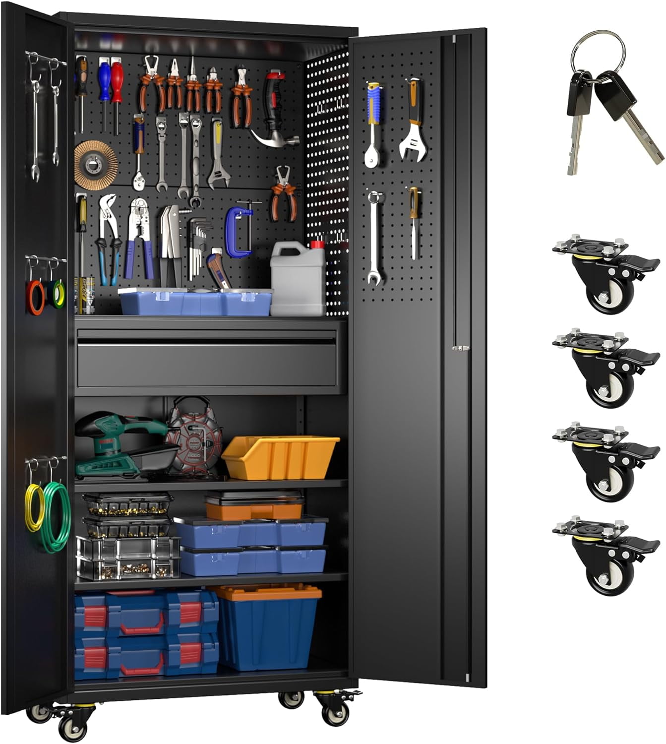 Garage Storage Cabinet with Wheels, 5 Pegboards and 1 Drawer, 71" H ...