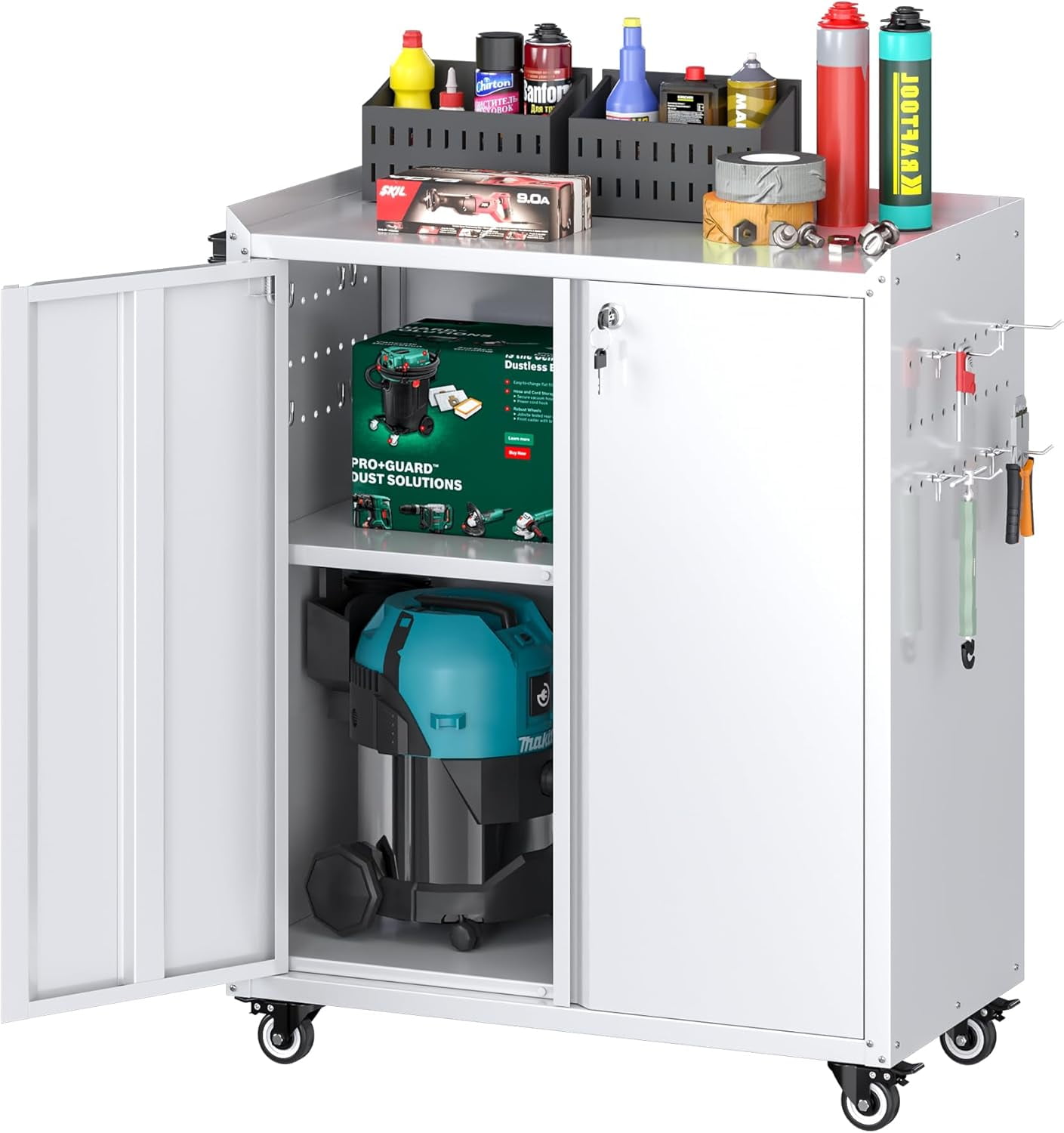 Garage Storage Cabinet with Wheels and Adjustable Shelf, Lockable Metal ...