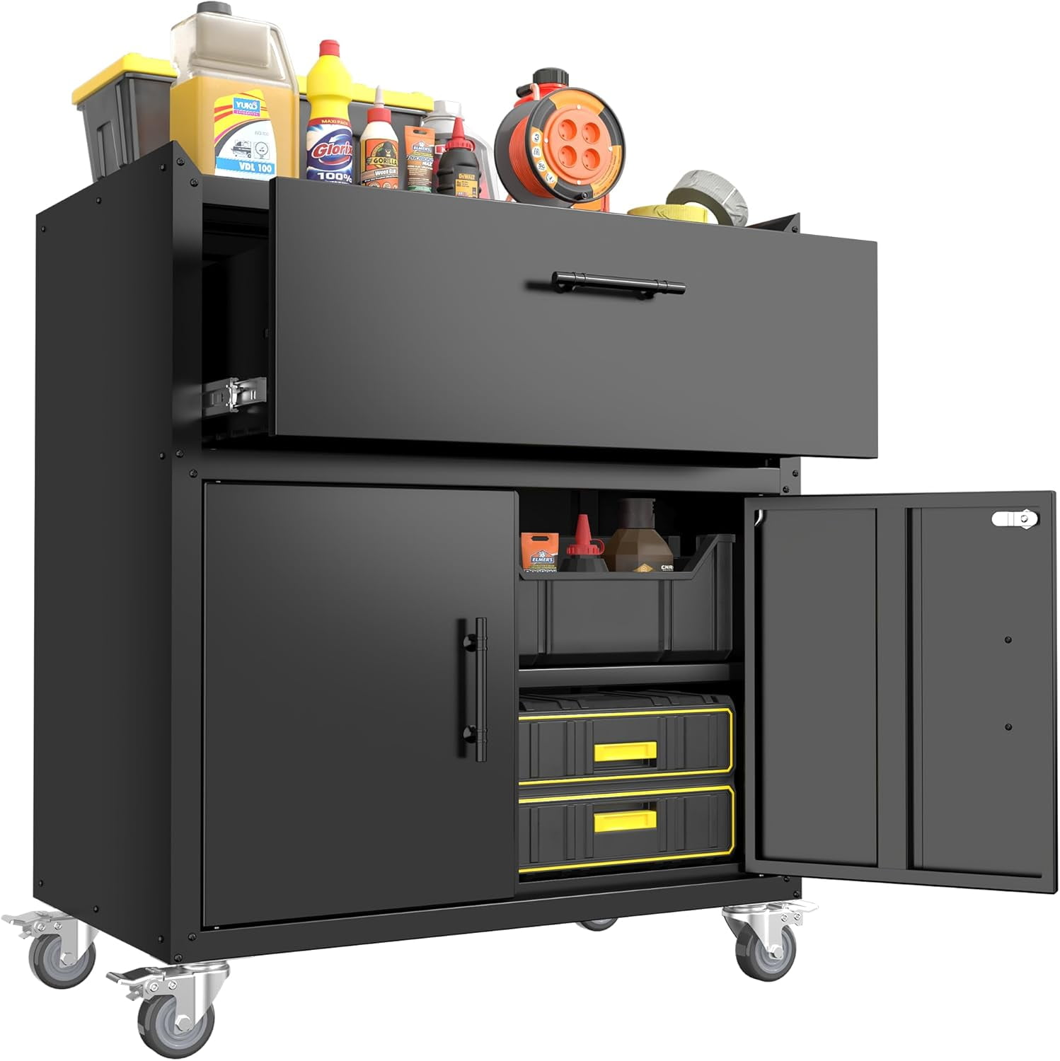 Garage Storage Cabinet with Wheels, Lockable Metal Storage Cabinet with ...