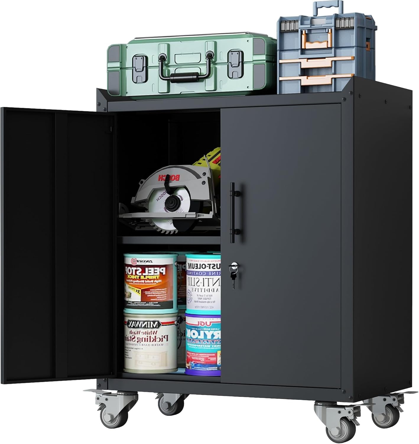 Garage Storage Cabinet with Wheels,Metal Cabinet with Doors and ...