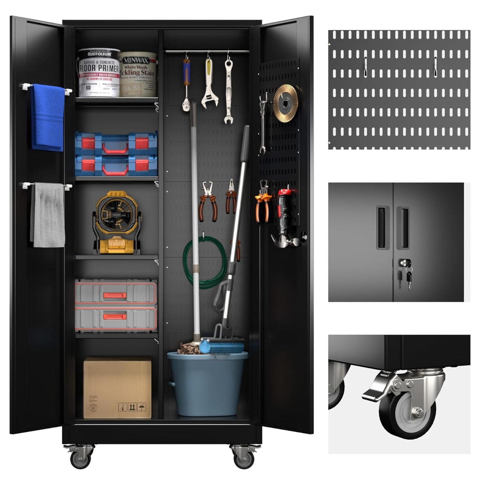 Garage Storage Cabinet with Wheels, Metal Storage Cabinet with Lockable ...
