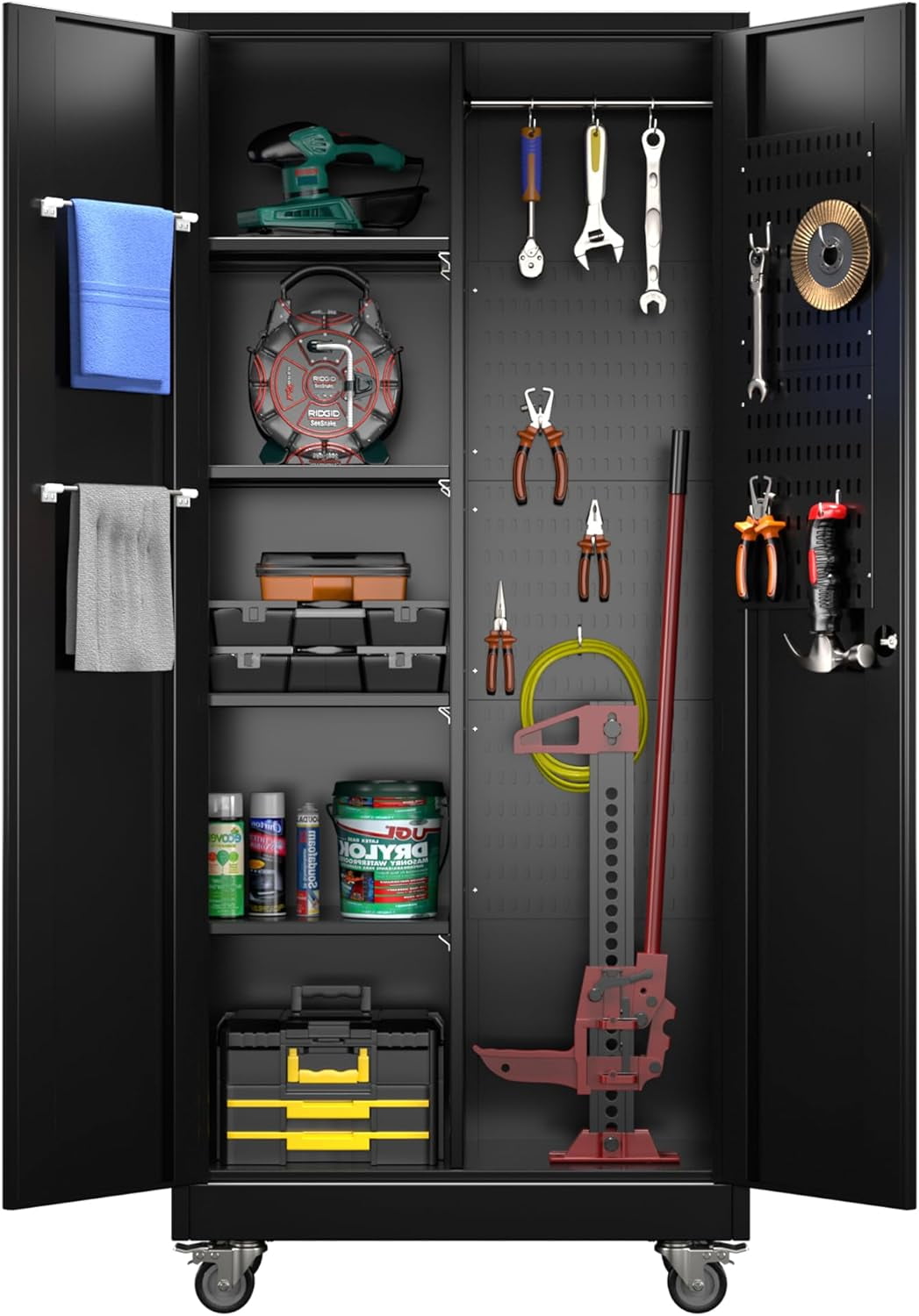 Garage Storage Cabinet with Wheels, Metal Tool Cabinet with Pegboards and 4 Adjustable Shelves ...