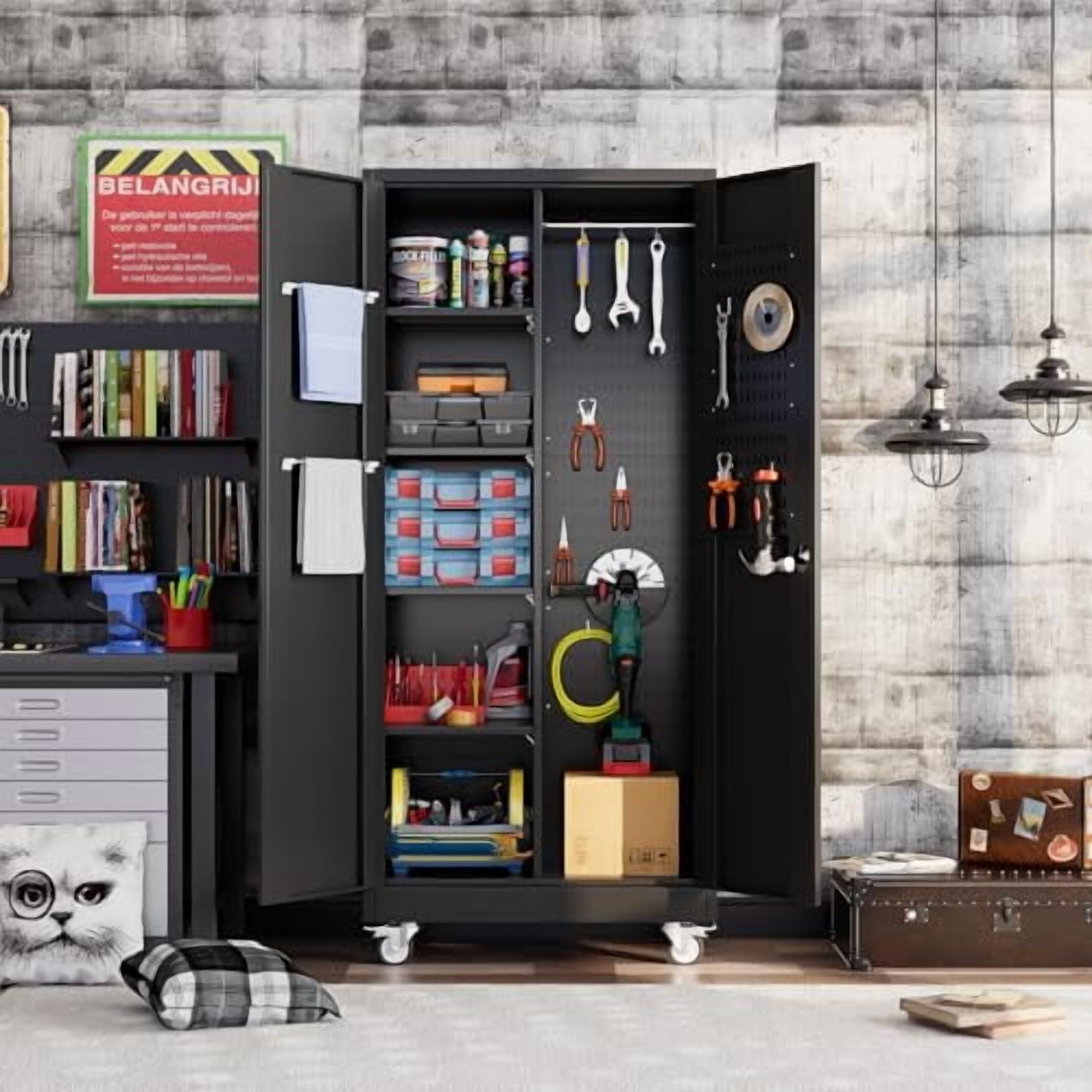 Garage Storage Cabinet with Wheels, Metal Tool Cabinet with Pegboards ...
