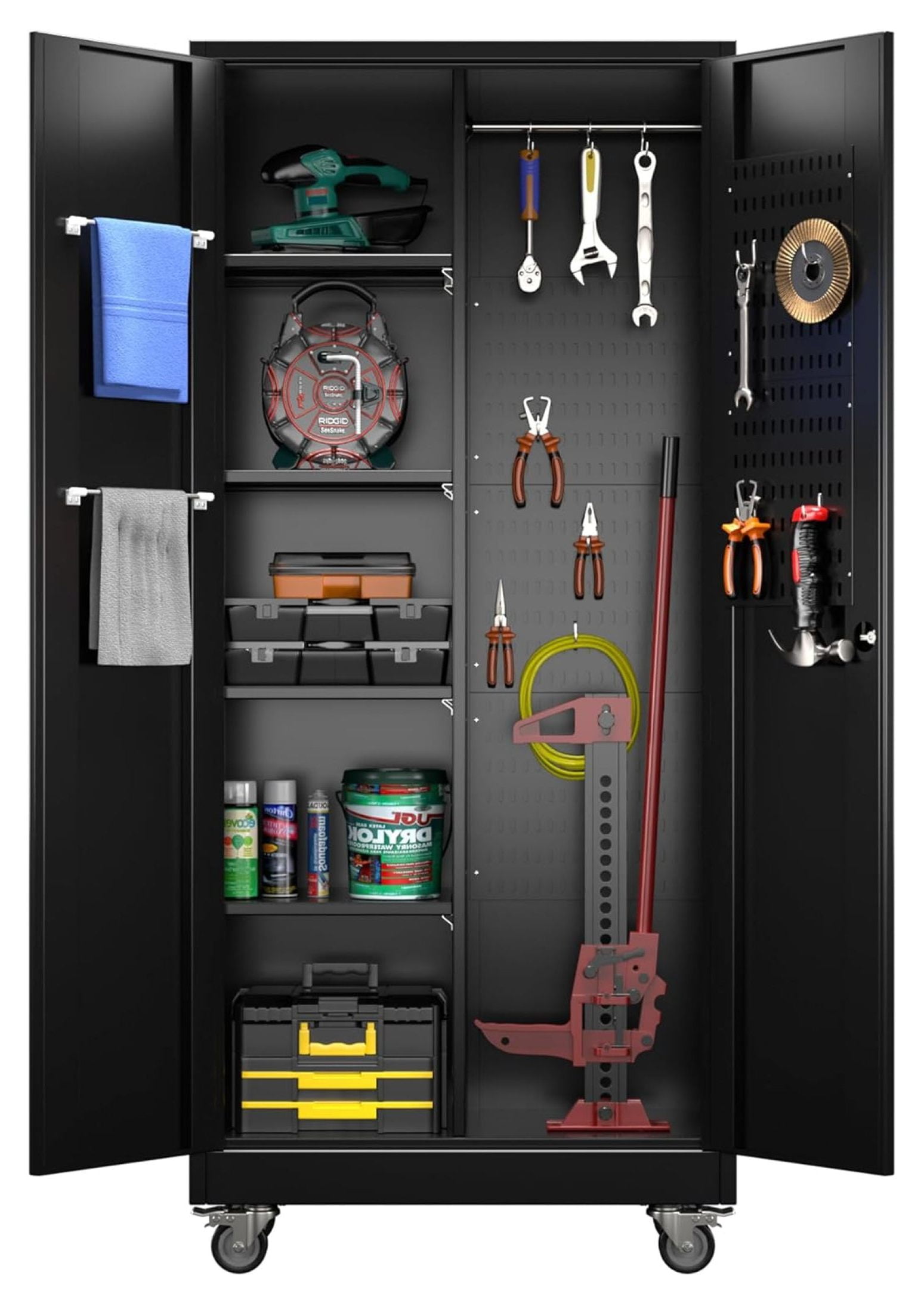 Garage Storage Cabinet with Wheels, Metal Tool Cabinet with Pegboards ...