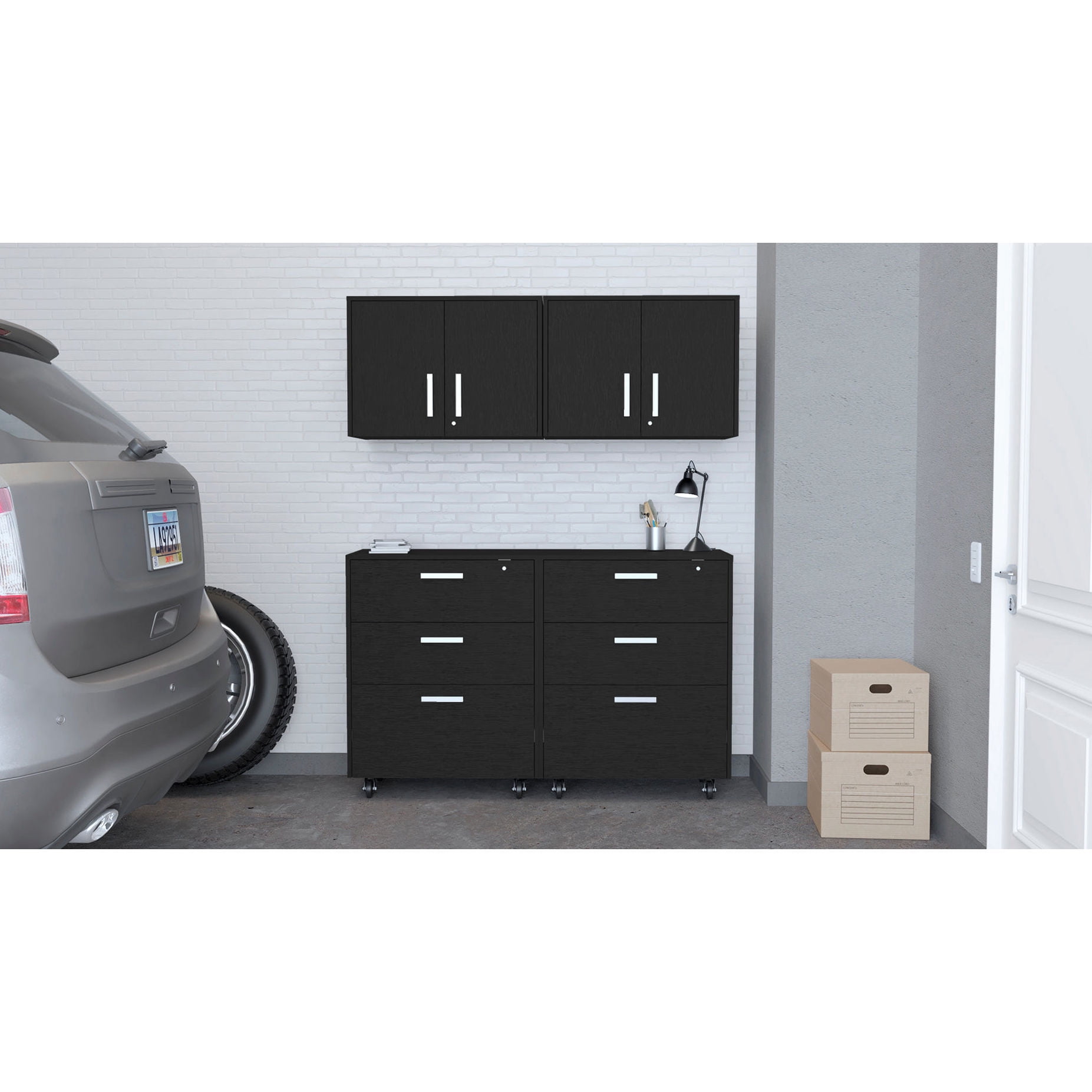 Garage Storage Kit | 4 Black Cabinets, Drawer & Wall | Wood Material ...