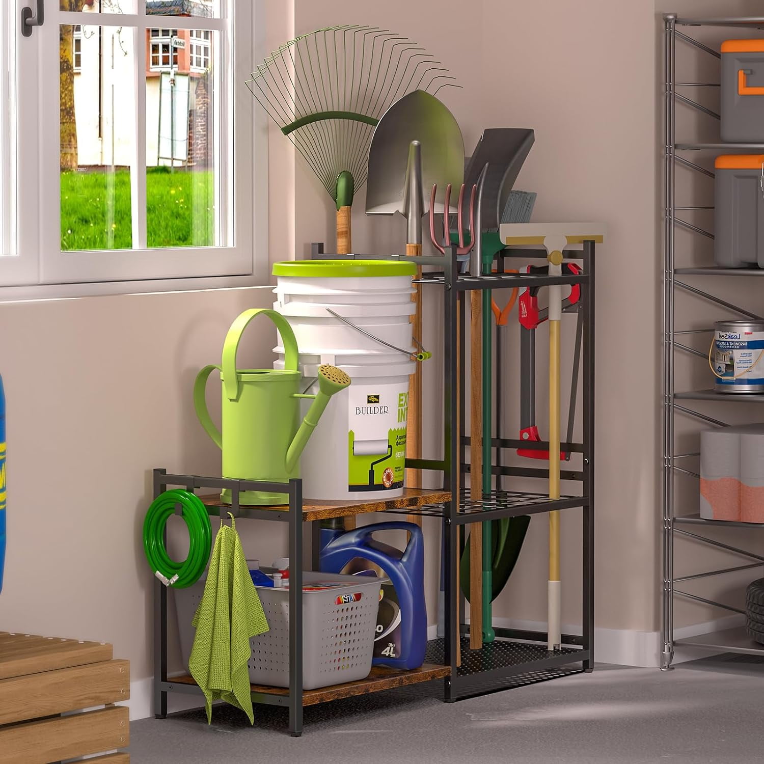 Garage Tool Organizer with 2-tier Wooden Shelves, Yard Tool Organizer ...