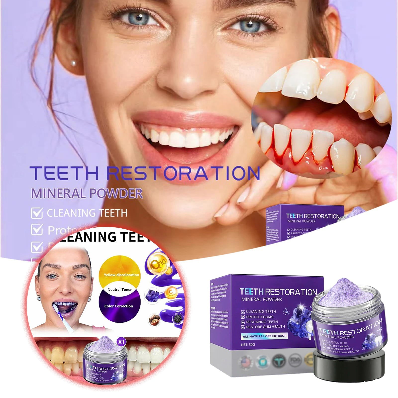 GarageLine Teeth Restoration Mineral Powder, Purple Teeth Powder ...
