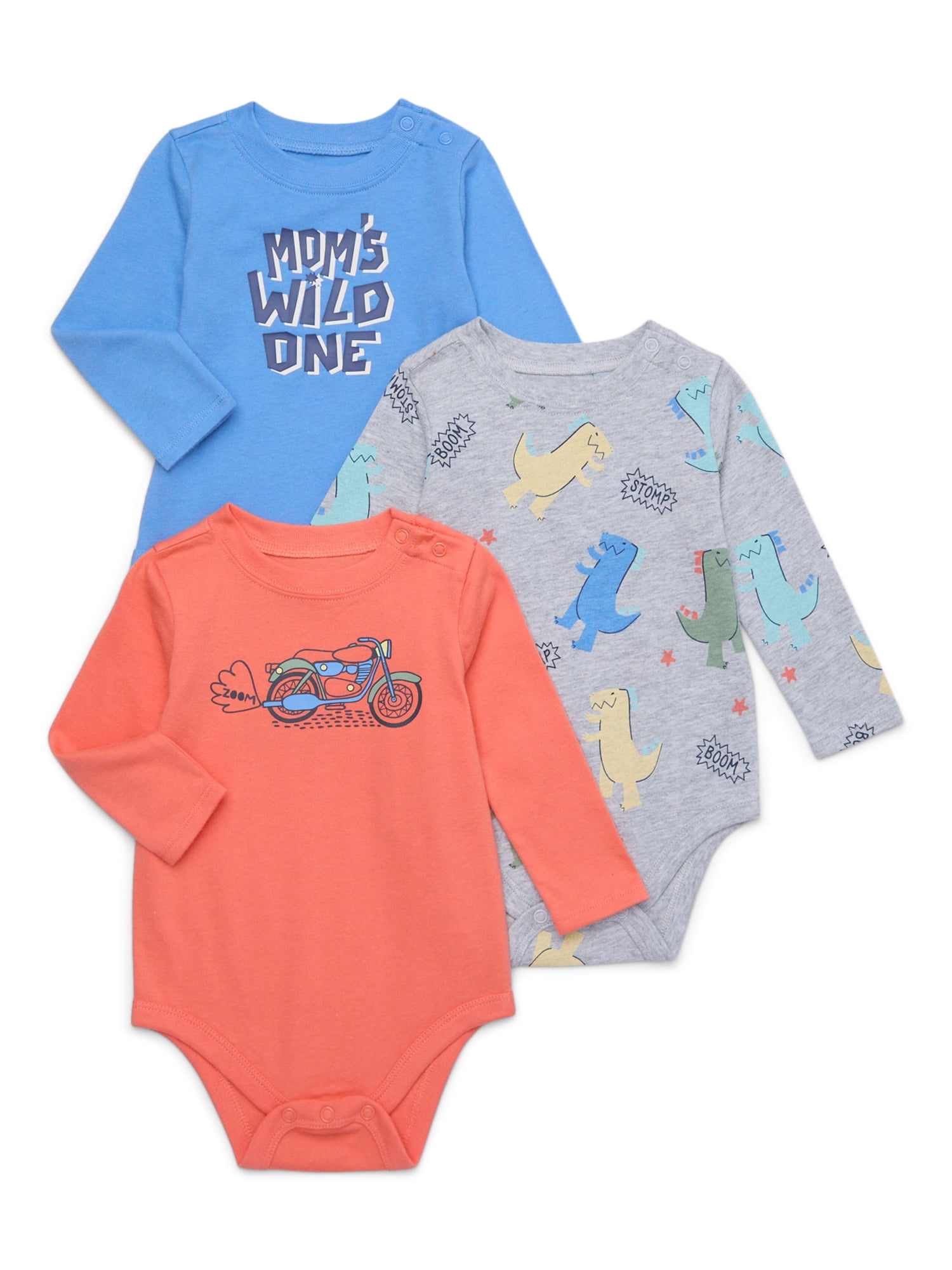 Garanimals Baby Boy Long Sleeve Graphic and Print Bodysuits Multipack, 3-Pack, Sizes 0-24 Months ...