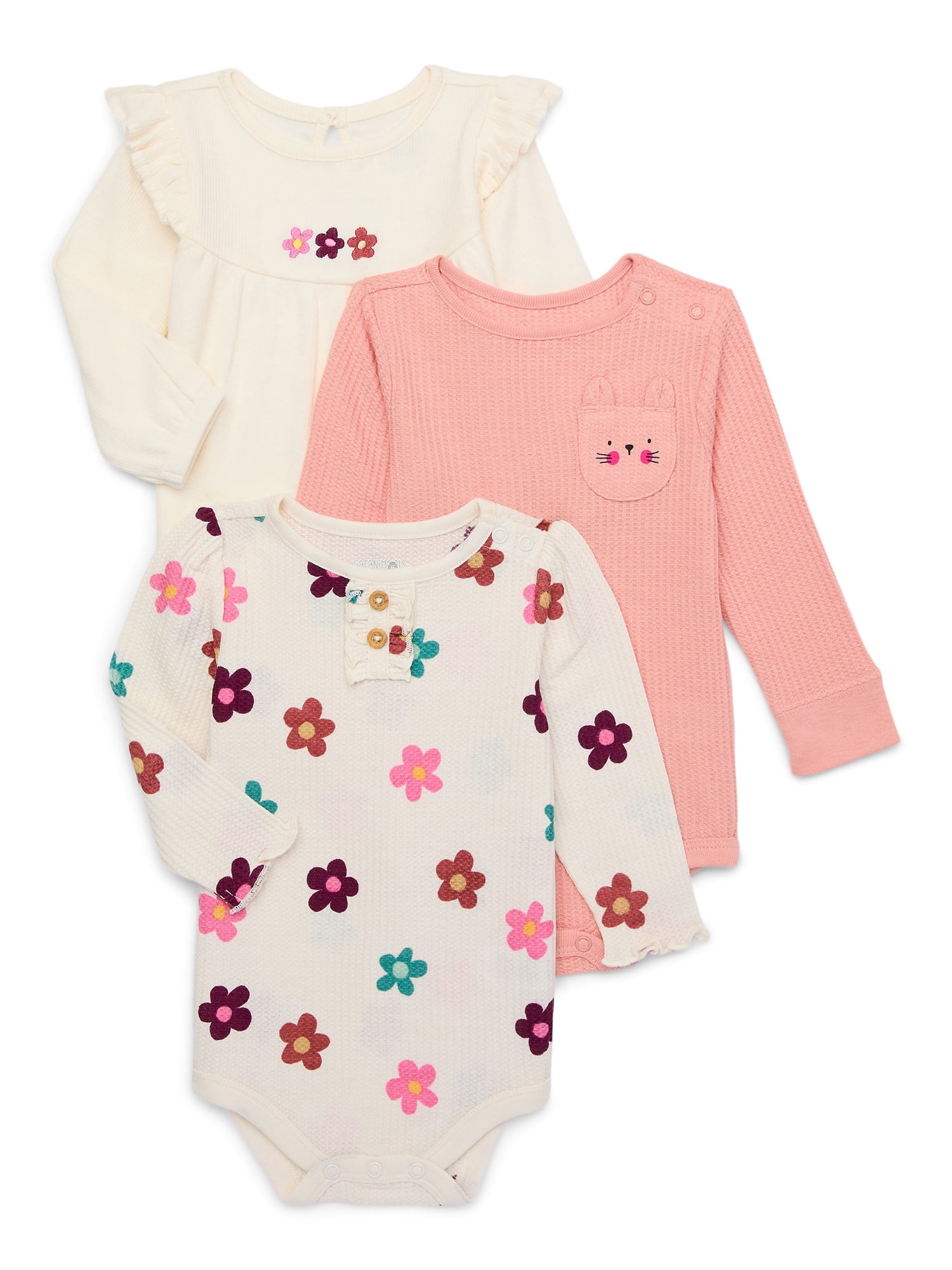 Garanimals Baby Girl Long Sleeve Fashion Bodysuits Multipack, 3-Pack ...
