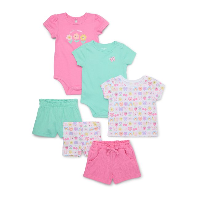 Garanimals Baby Girls Bodysuits, Tee and Shorts Outfits Set, 6-Piece ...