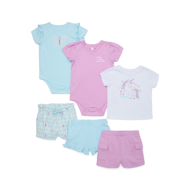 Garanimals Baby Girls Bodysuits, Tee and Shorts Outfits Set, 6-Piece ...