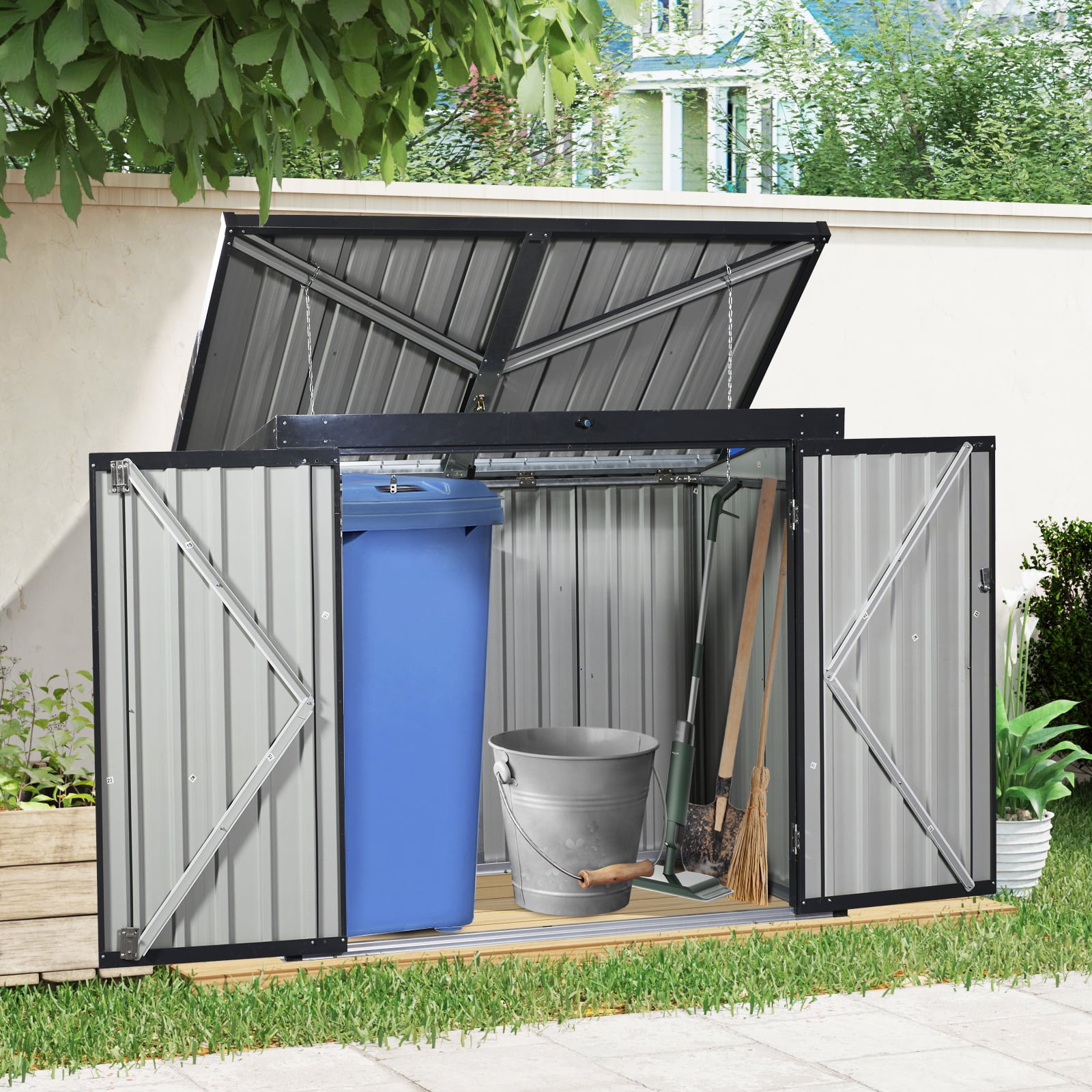Garbage Bin Shed Stores 2 Trash Cans Metal Outdoor Bin Shed for Garbage ...