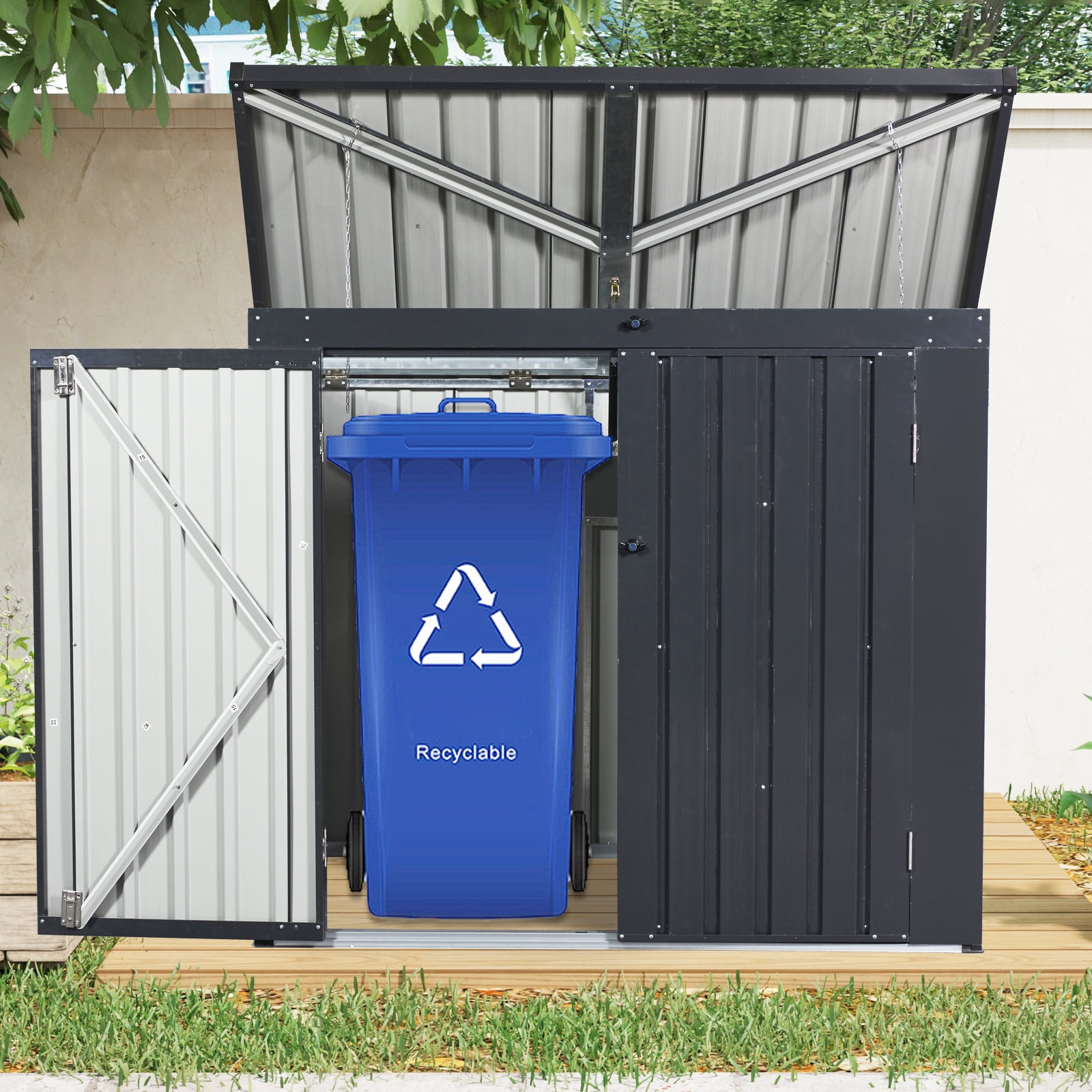Garbage Bin Shed Stores 2 Trash Cans Metal Outdoor Bin Shed for Garbage ...