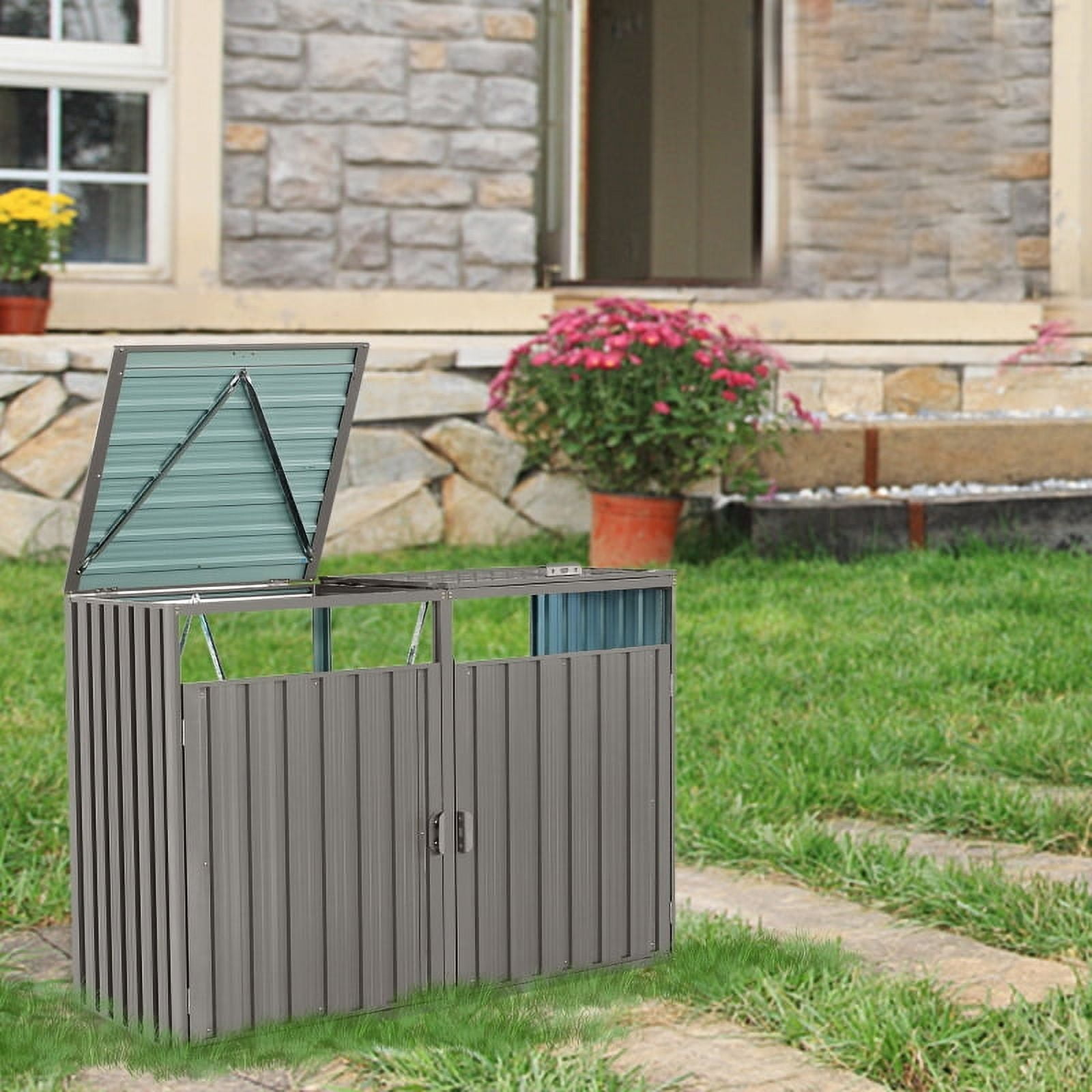 Garbage Bin Shed Stores 2 Trash Cans Metal Outdoor Bin Shed for Garbage ...